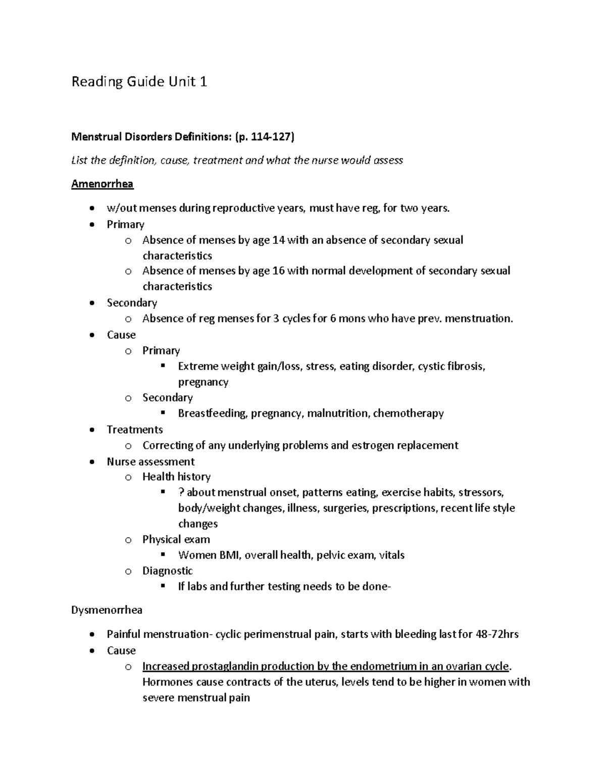 Reading Guide Unit 1a WC - Reading Guide Unit 1 Menstrual Disorders ...