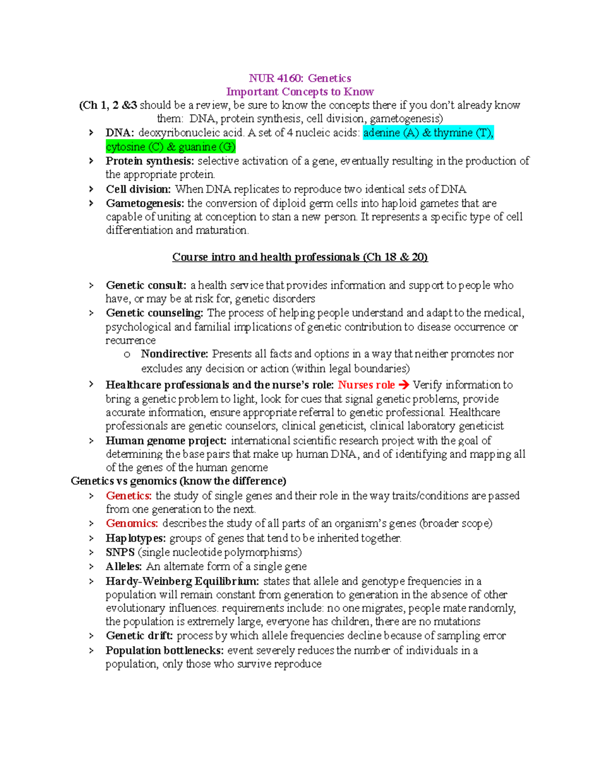 Genetics Course Outline Answers - NUR 4160: Genetics Important Concepts ...