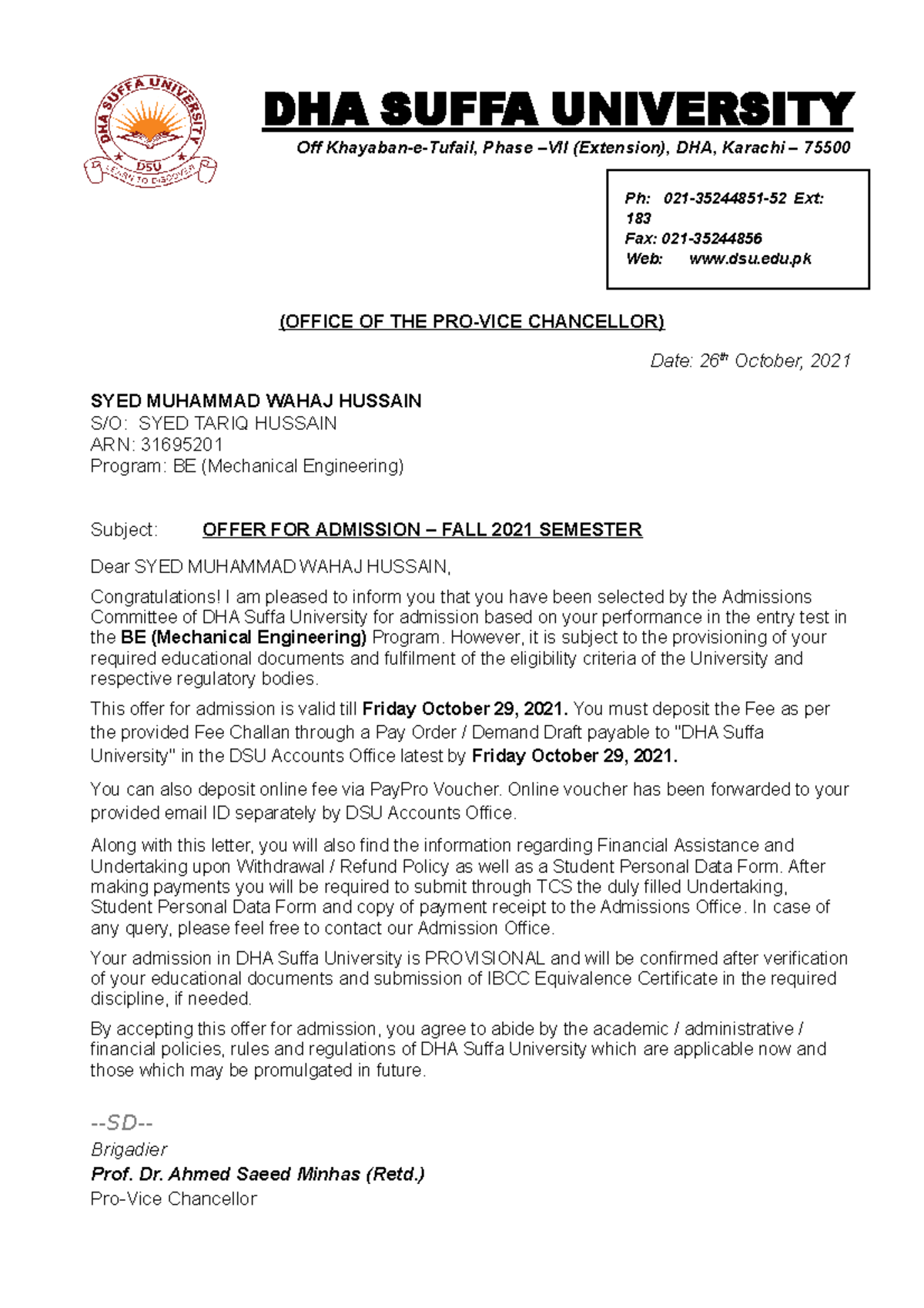 DSU-Admission Offer Letter - DHA SUFFA UNIVERSITY Off Khayaban-e-Tufail ...