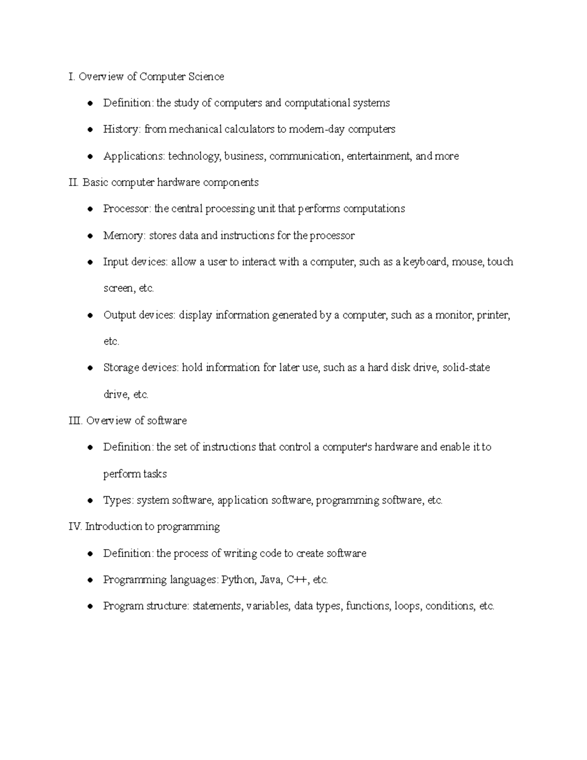 Introduction To Computer Science Notes Part 1 I Overview Of Computer Science Definition The