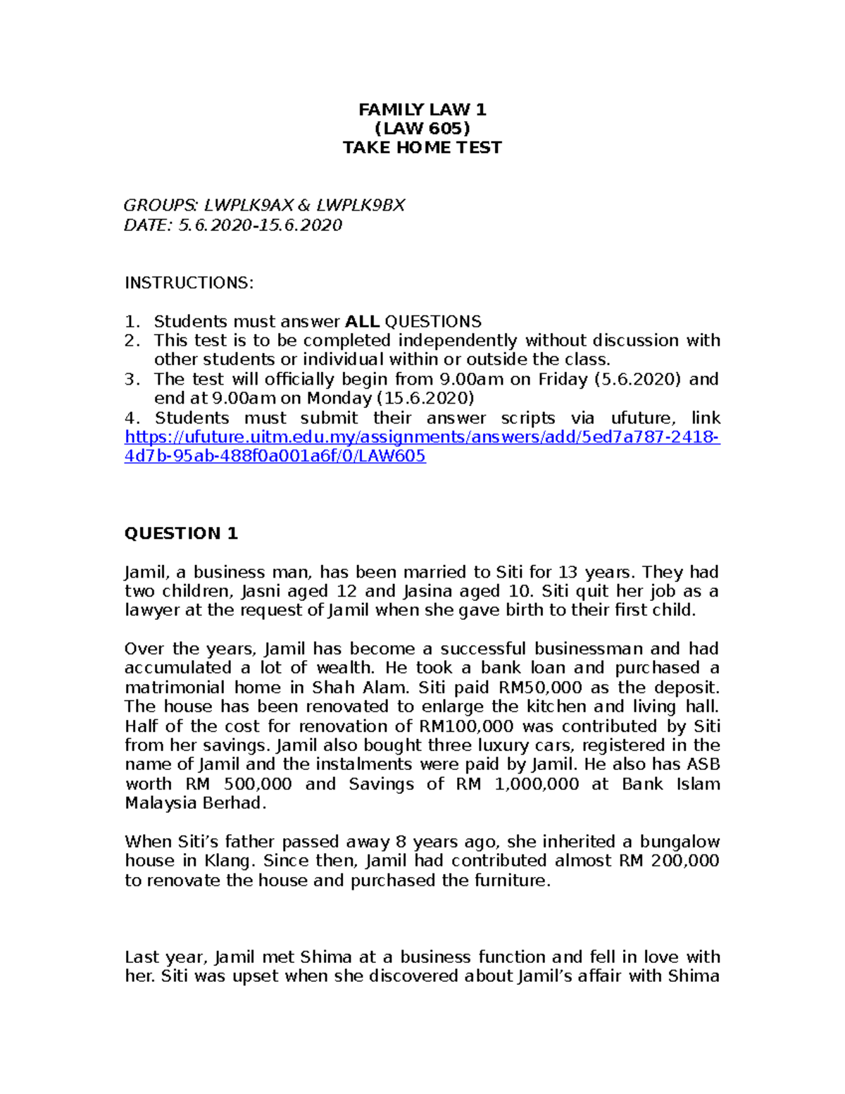 TEST - Family Law - FAMILY LAW 1 (LAW 605) TAKE HOME TEST GROUPS ...