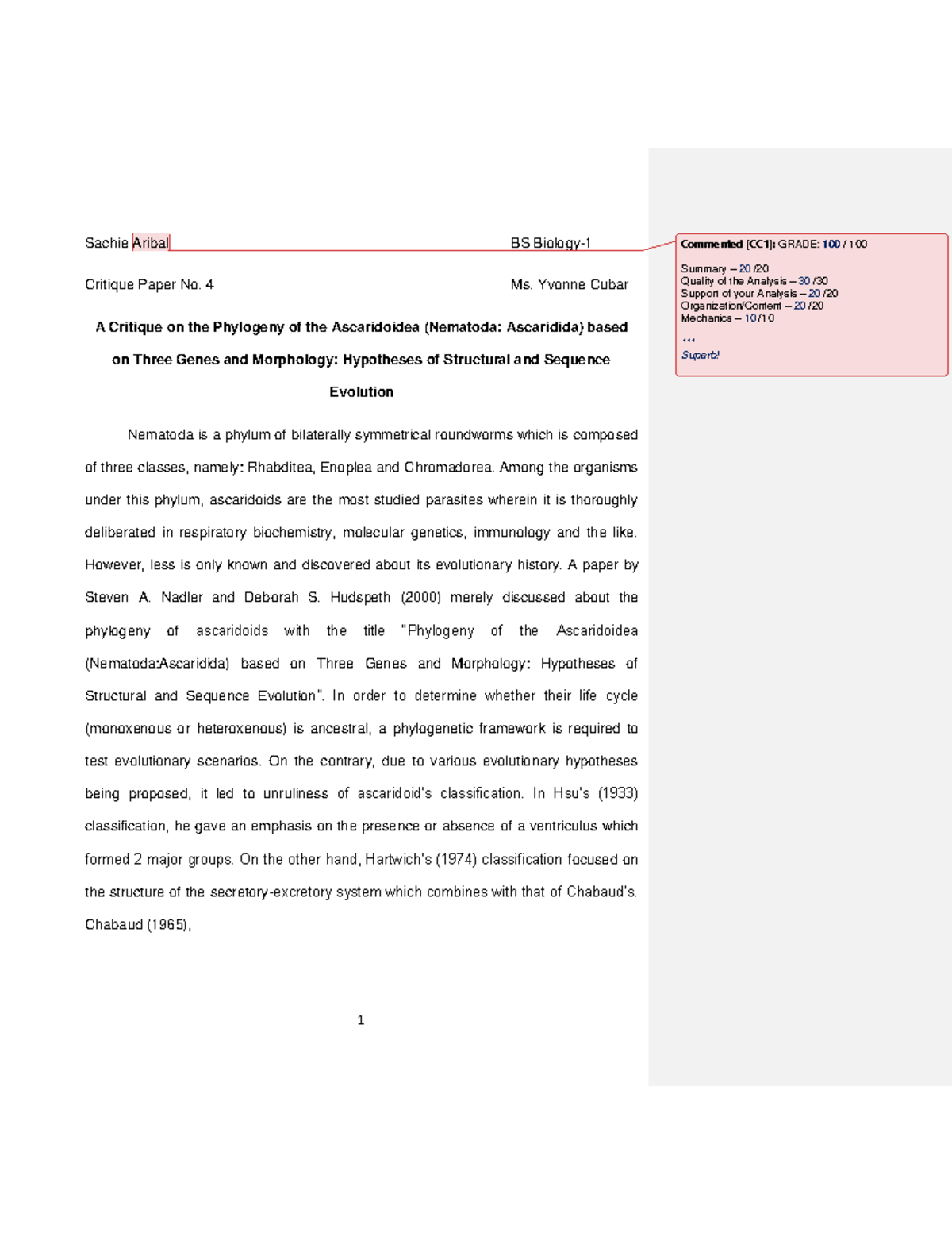 C4 Aribal - Critique paper - Sachie Aribal BS Biology- Critique Paper ...