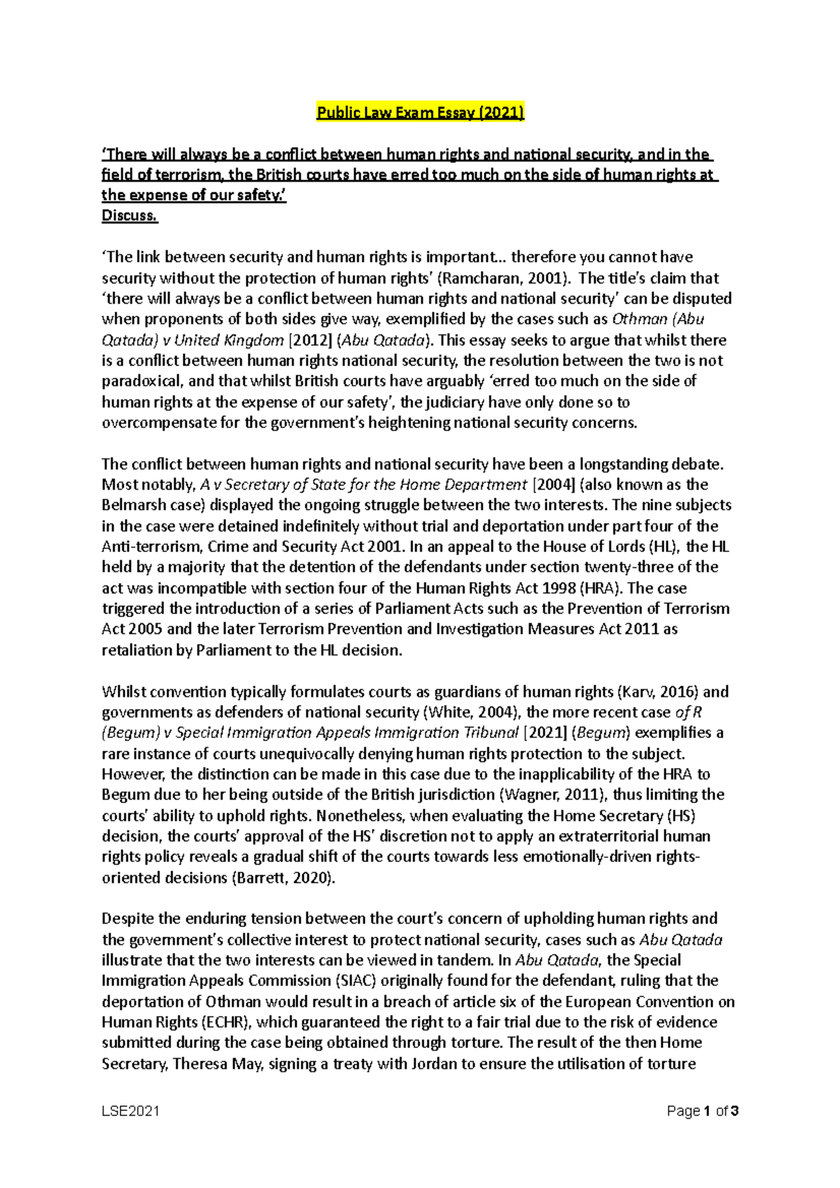 LL106 2021 Exam Essay - Public Law Exam Essay (2021) ‘There will always ...