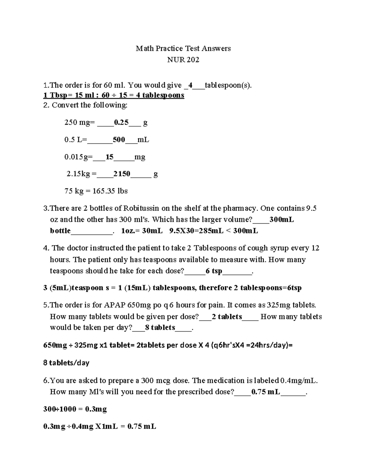 Math Test for practice NUR 202answers - Math Practice Test Answers NUR ...