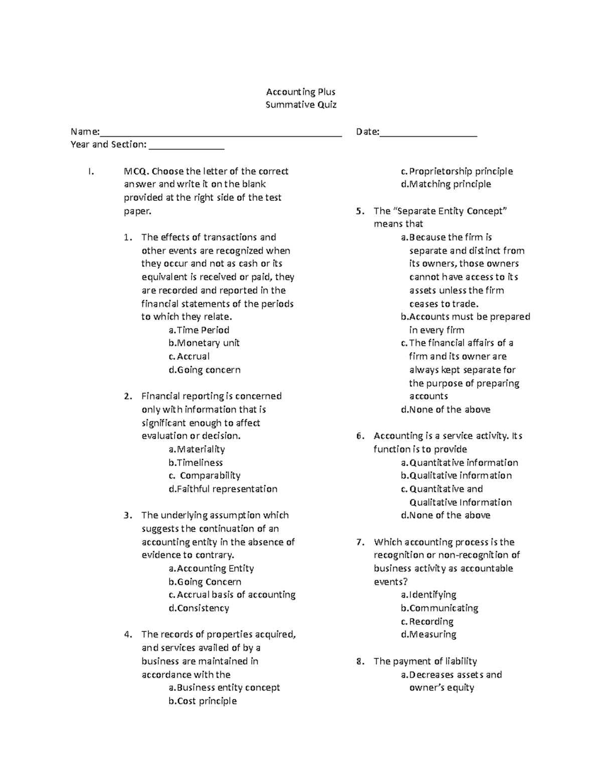 Summative quiz acctg plus - Accounting Plus Summative Quiz - Studocu