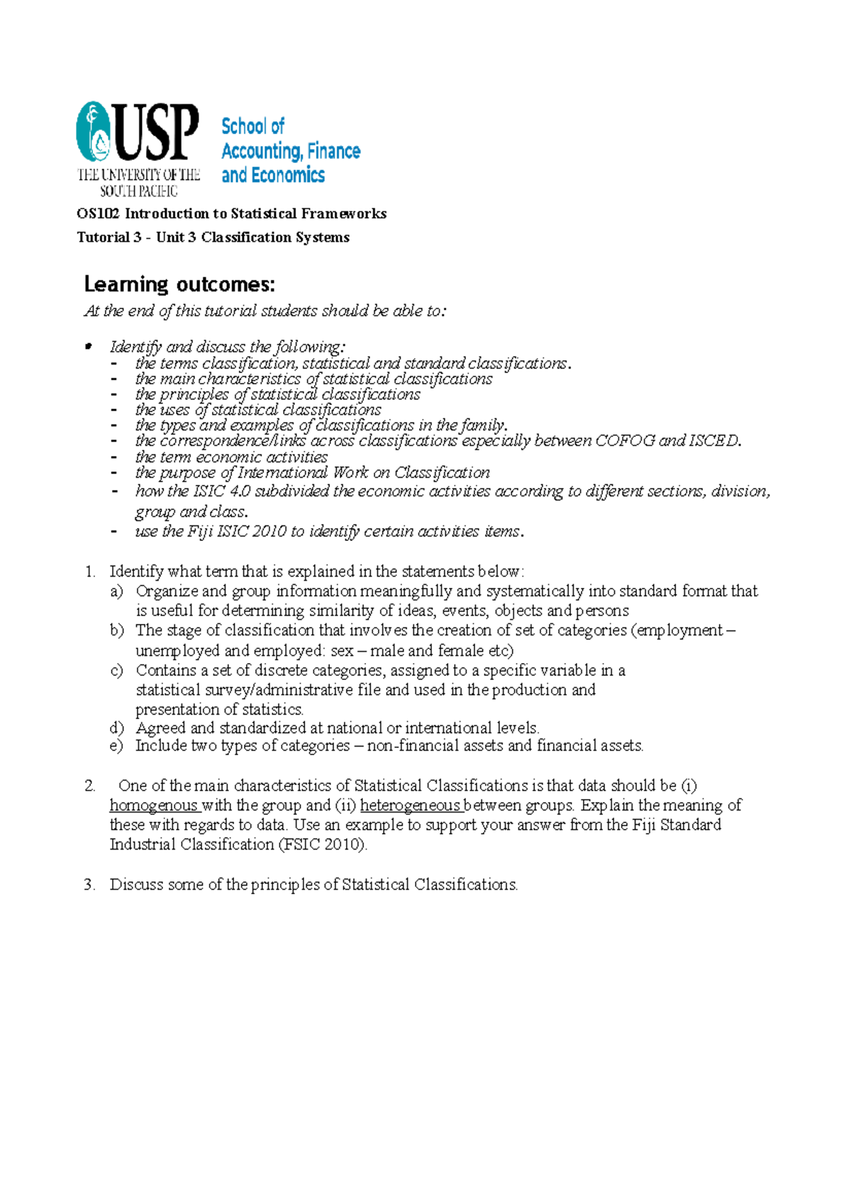 OS 102 Tutorial 3 - Unit 3 - OS102 Introduction to Statistical Frameworks Tutorial 3 - Unit 3 ...