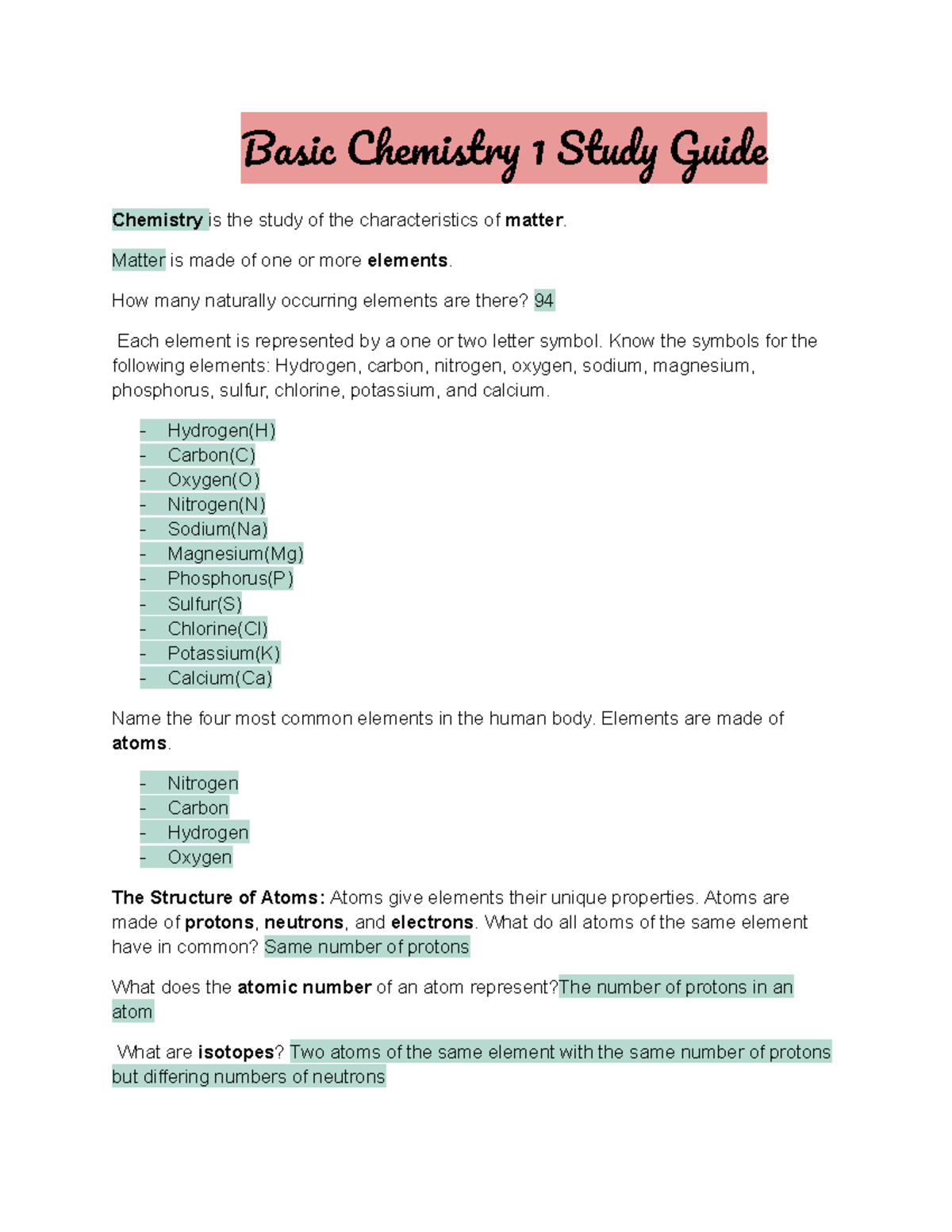 Basic Chemistry 1 Study Guide - Basi Chemistr 1 Stud Guid Chemistry is the study of the - Studocu