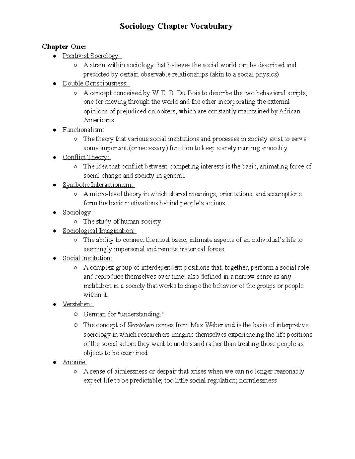 Sociology Vocabulary - Chapter One: Positivist Sociology: A strain ...
