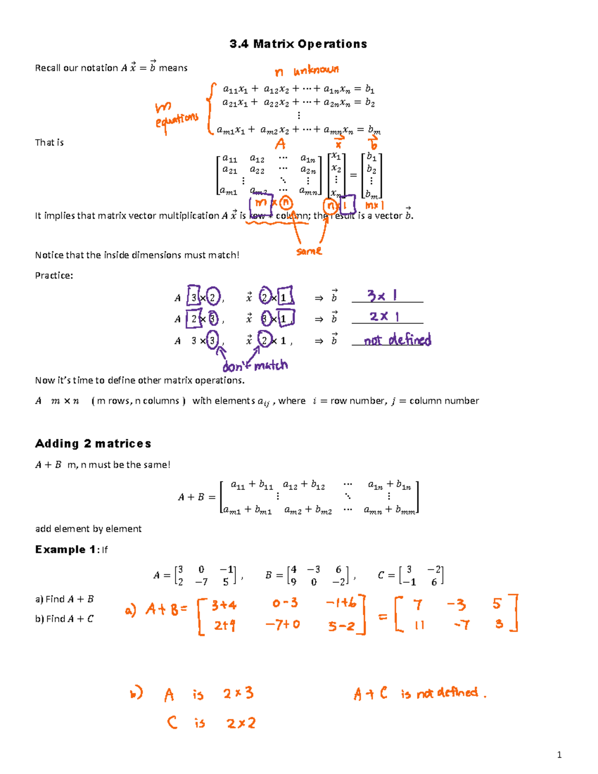 3 - Chapter 3.4 Review - 3 Matrix Operations Recall our notation ý 𝕥⃗ = Ā⃗⃗ means ÿ 11 𝕥 1 + ÿ ...