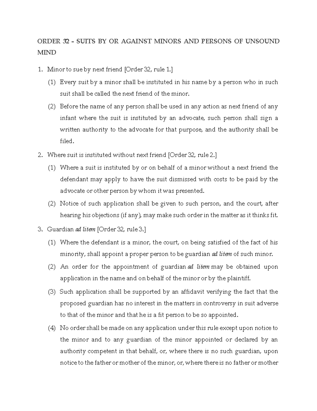 Order 32 - Lecture Notes - ORDER 32 - SUITS BY OR AGAINST MINORS AND ...