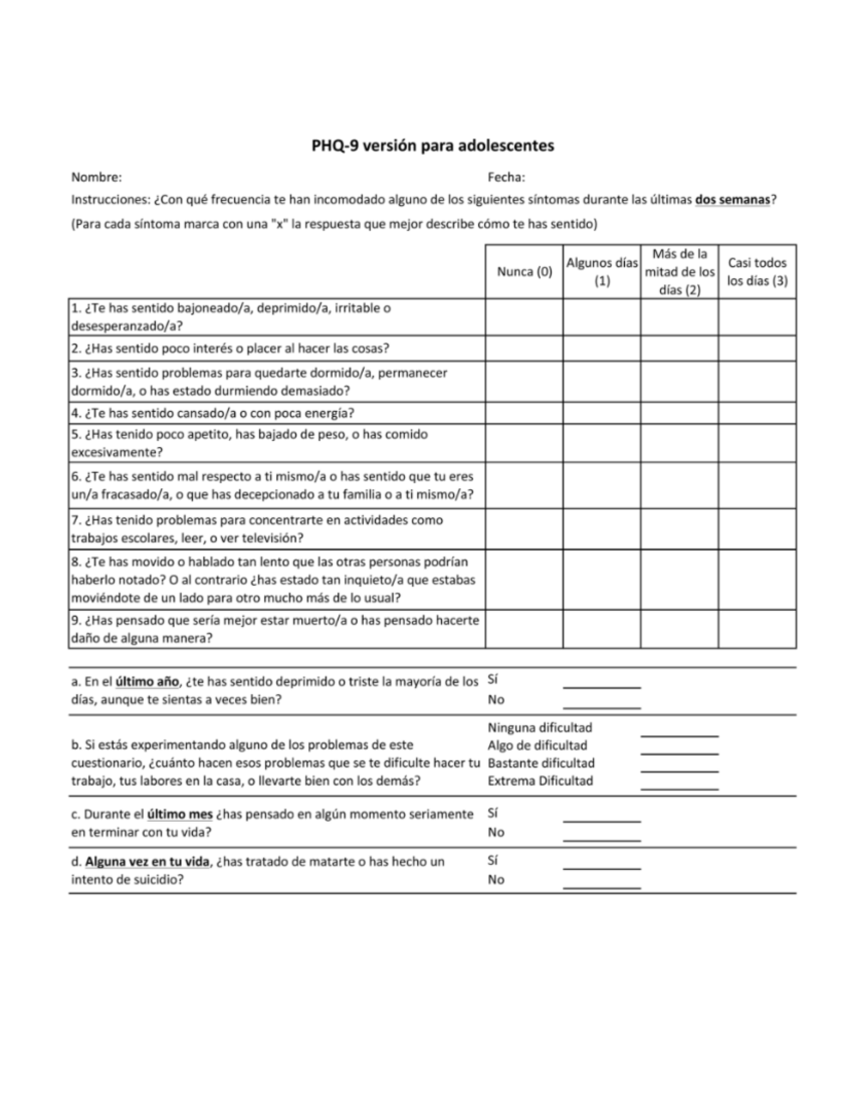 PHQ 9 Adolescentes - test phq9 - versión para adolescentes Nombre ...