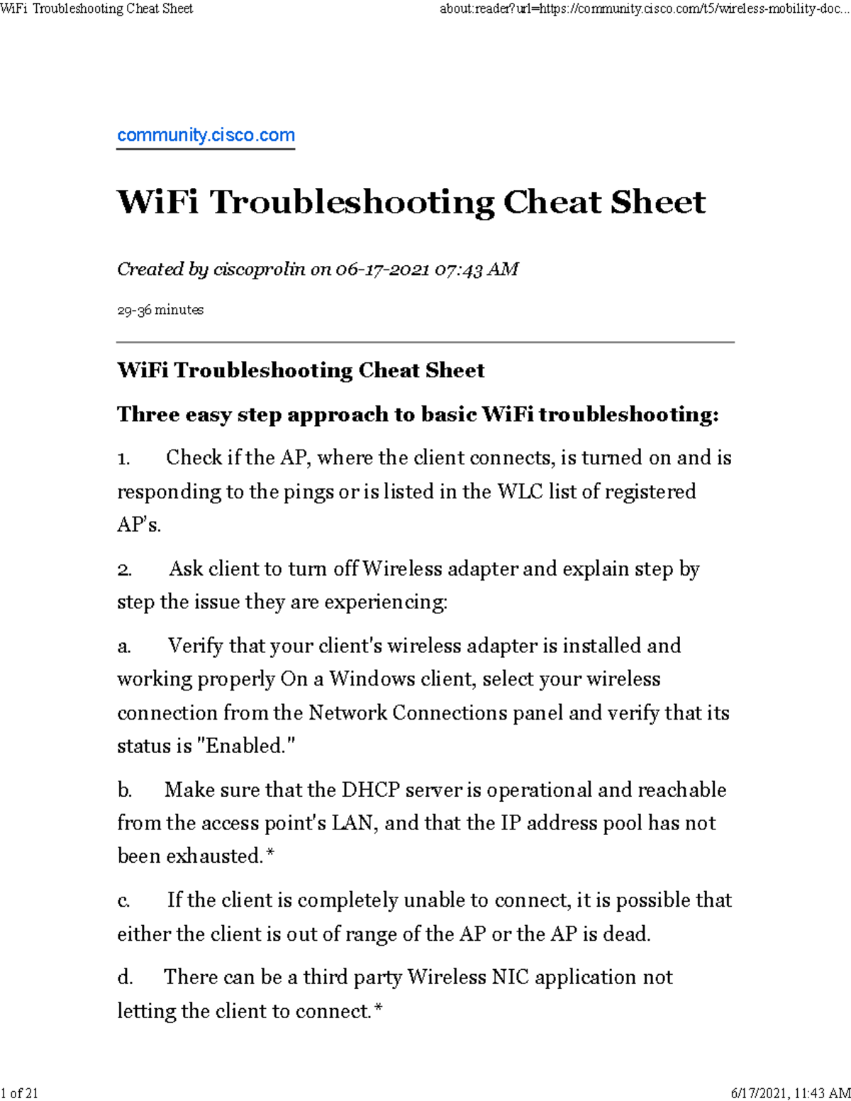 Wifi troubleshooting - community.cisco WiFi Troubleshooting Cheat Sheet ...