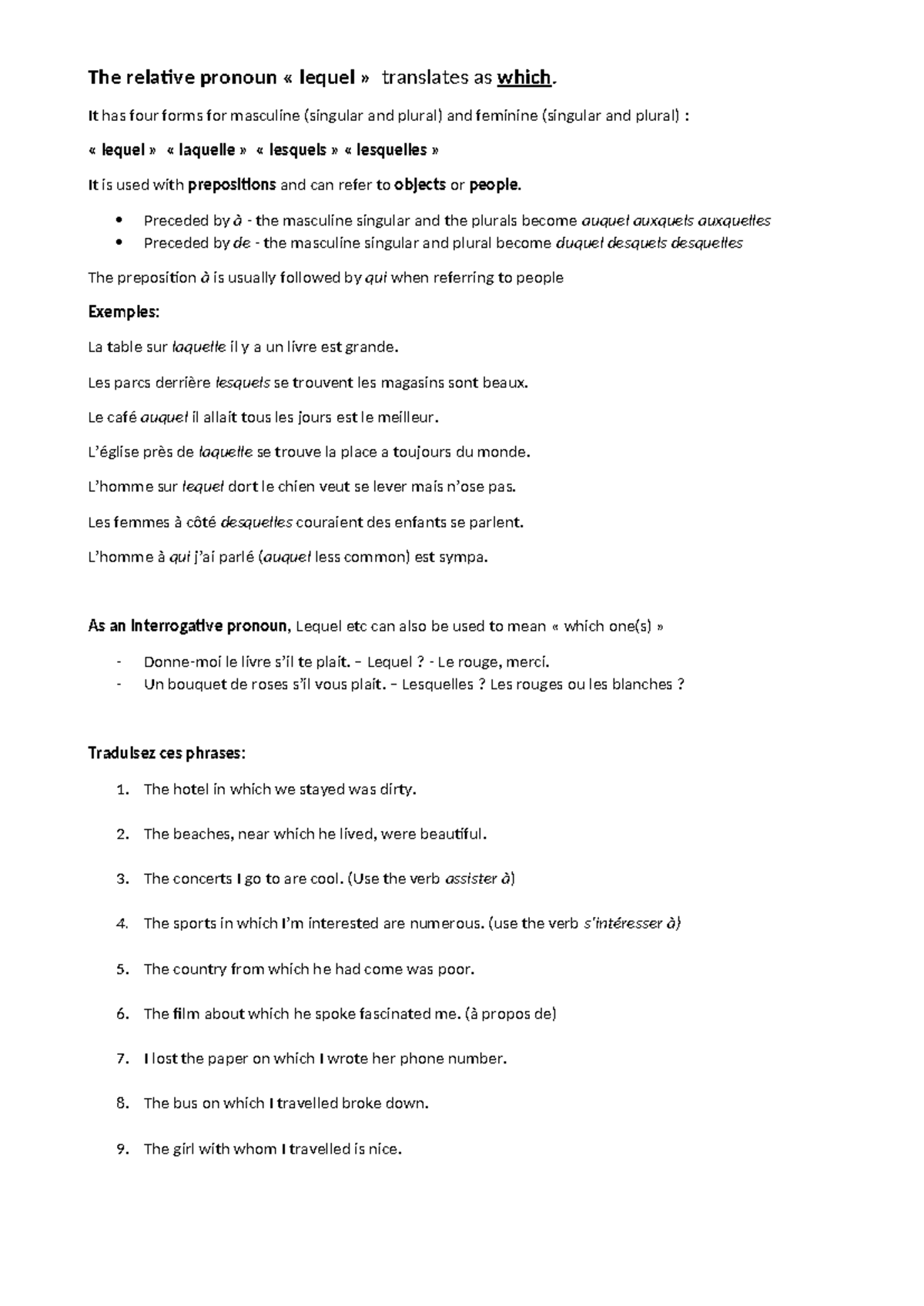 Lequel+exercises - french 212 - The relative pronoun « lequel ...