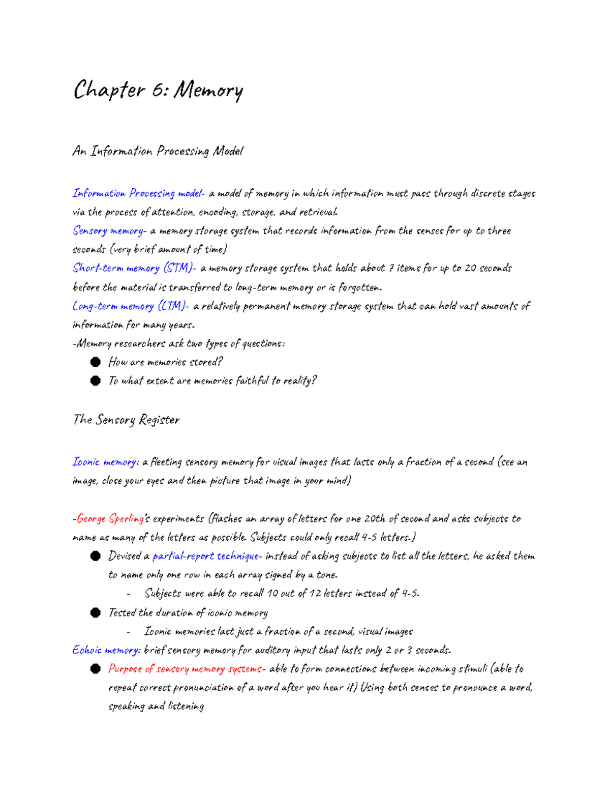 PSYC 1630- Chapter 6 Notes, Memory - Chapter 6: Memory An Information ...