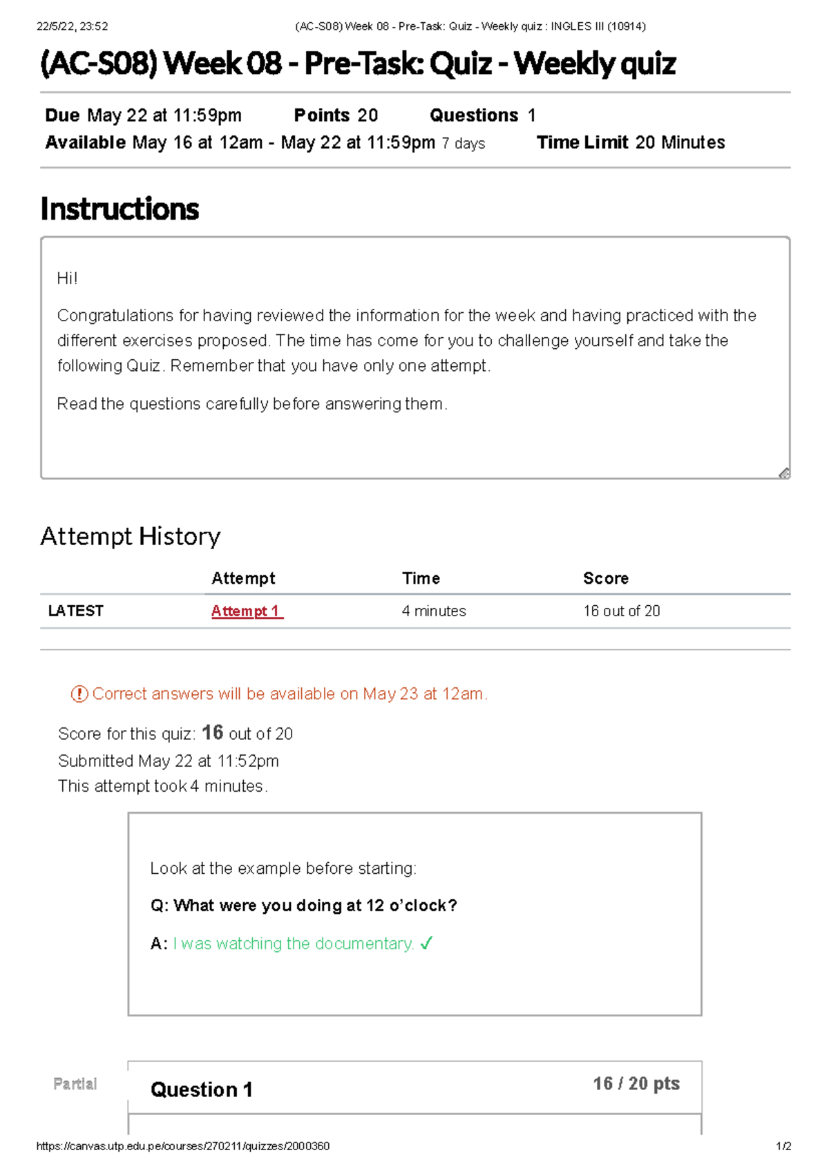 (AC-S08) Week 08 - Pre-Task Quiz - Weekly quiz Ingles III (10914) - 22 ...