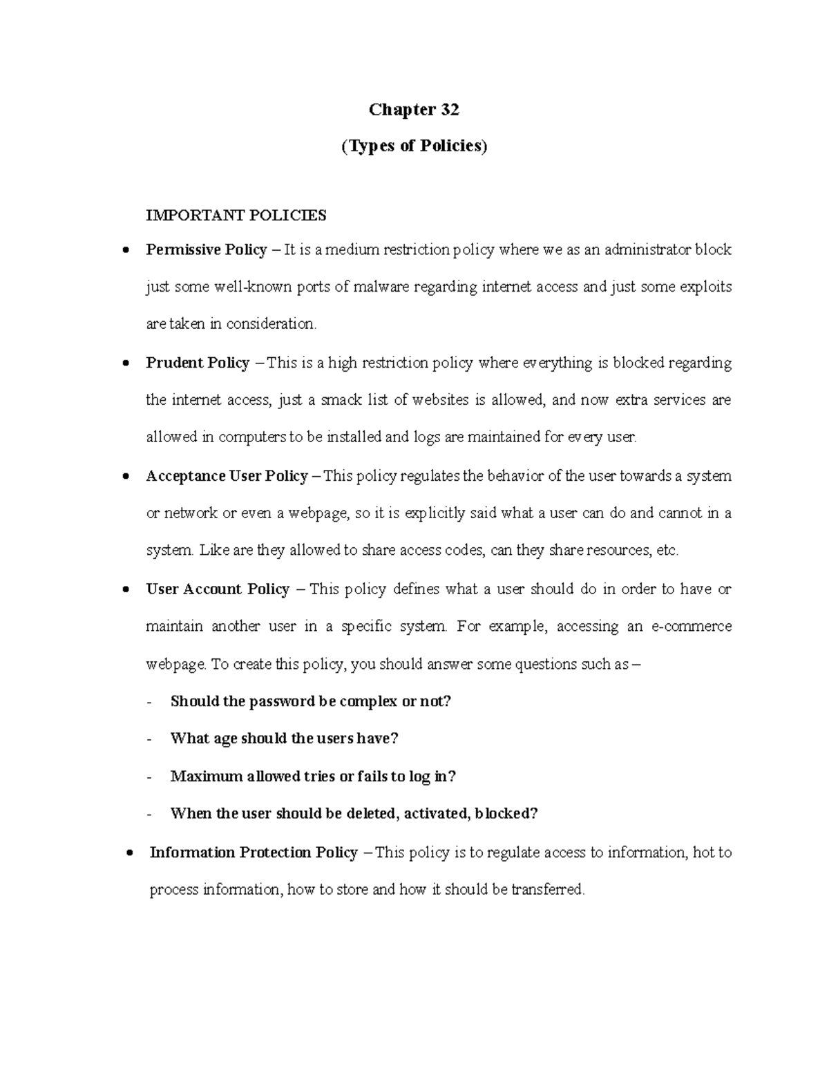Types of Important Policies - Notes - Chapter 32 (Types of Policies ...