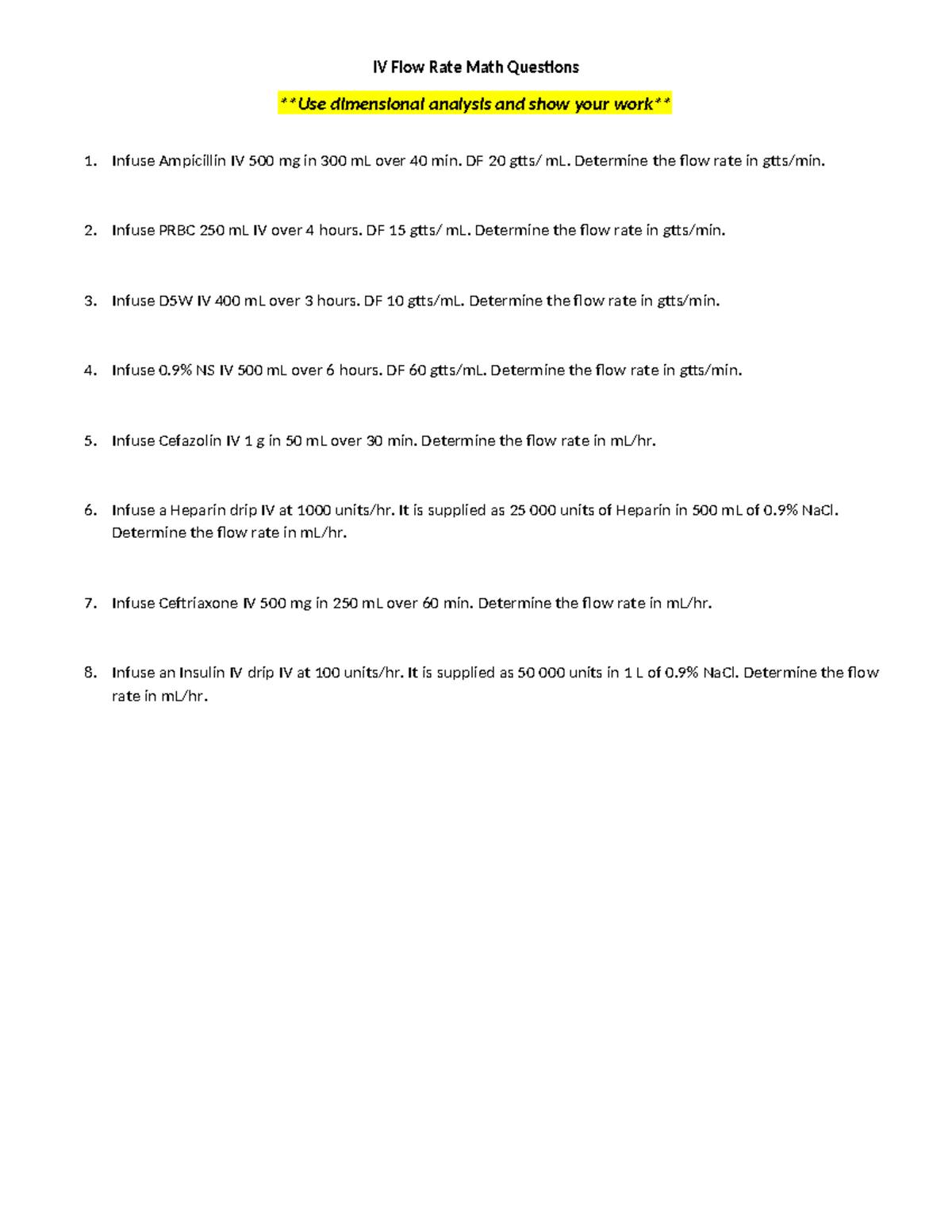 IV Flow Rate Math Questions Student - IV Flow Rate Math Questions Use ...