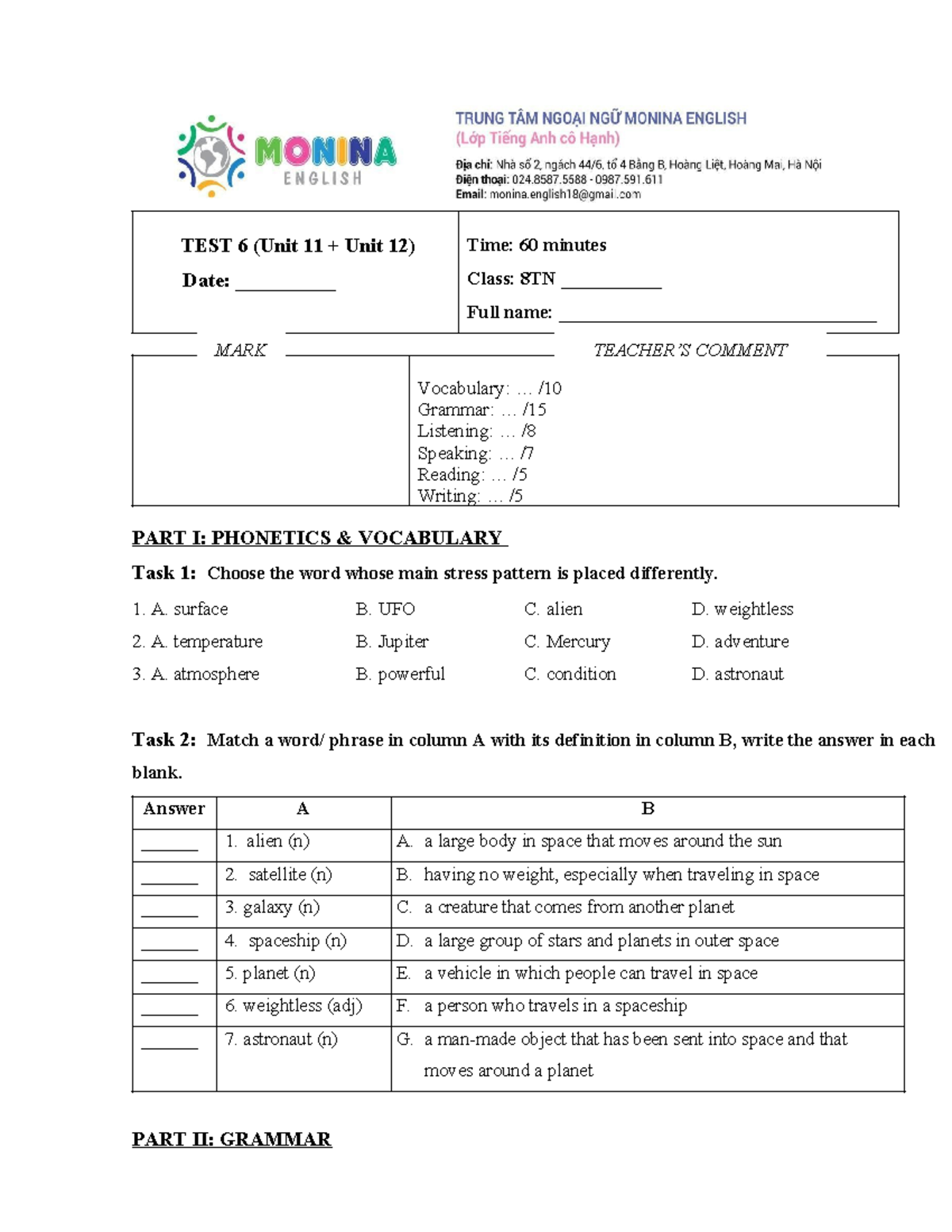 Test 6 - 8TN - TEST 6 (Unit 11 + Unit 12) Date: __________ Time: 60 ...