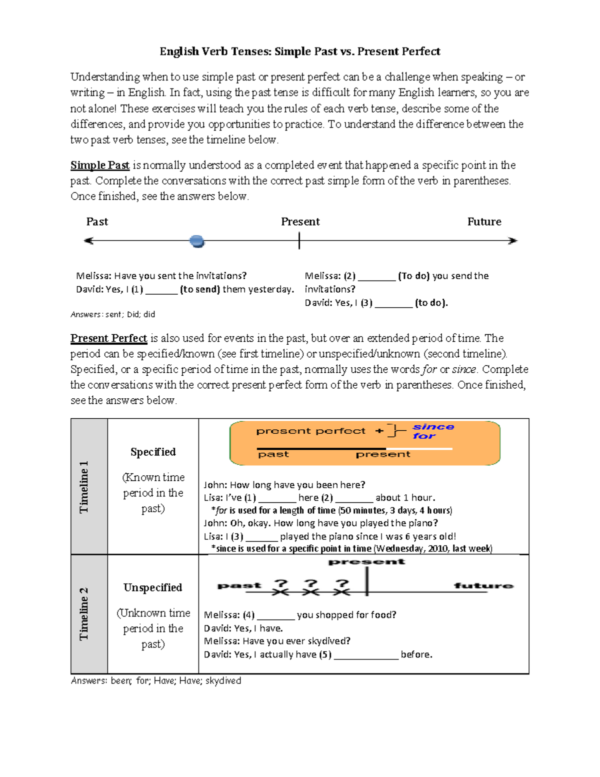 Simple Past vs Present Perfect Worksheet - English Verb Tenses: Simple ...