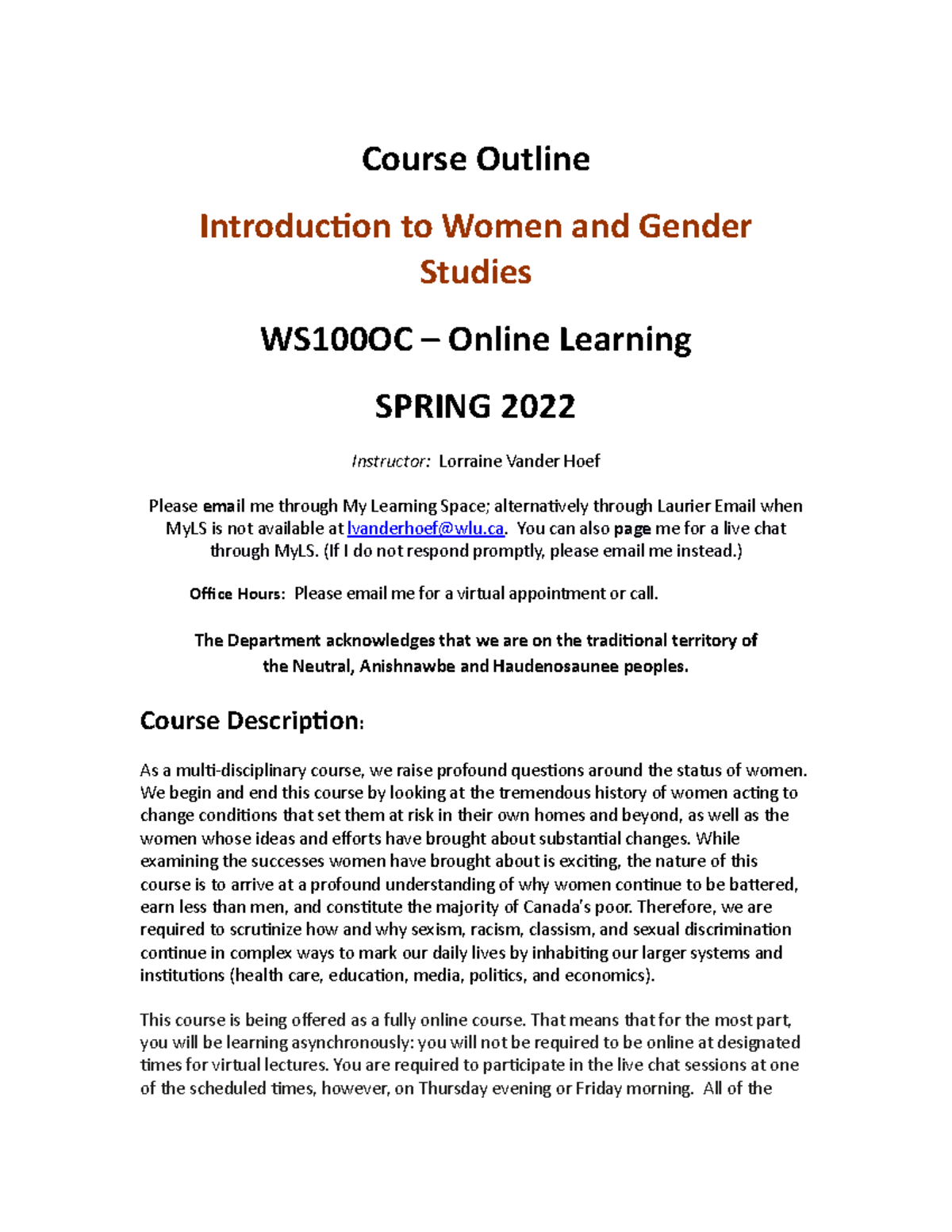 WS100 OC Course Outline, Spring, 2022 - Course Outline Introduction to ...