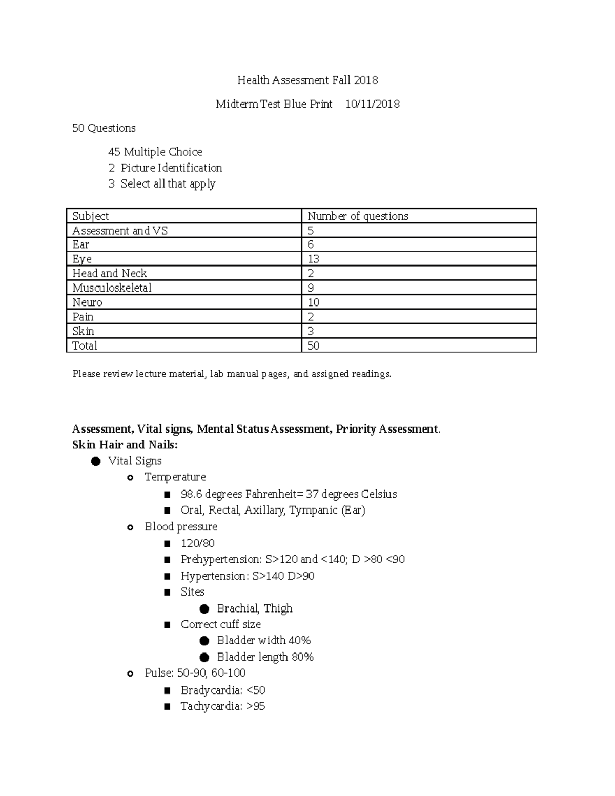 Midterm study guide - Health Assessment Fall 2018 Midterm Test Blue ...