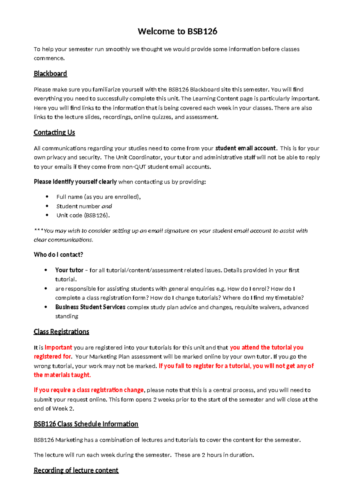 Welcome to BSB126 - Welcome to BSB To help your semester run smoothly we thought we would ...