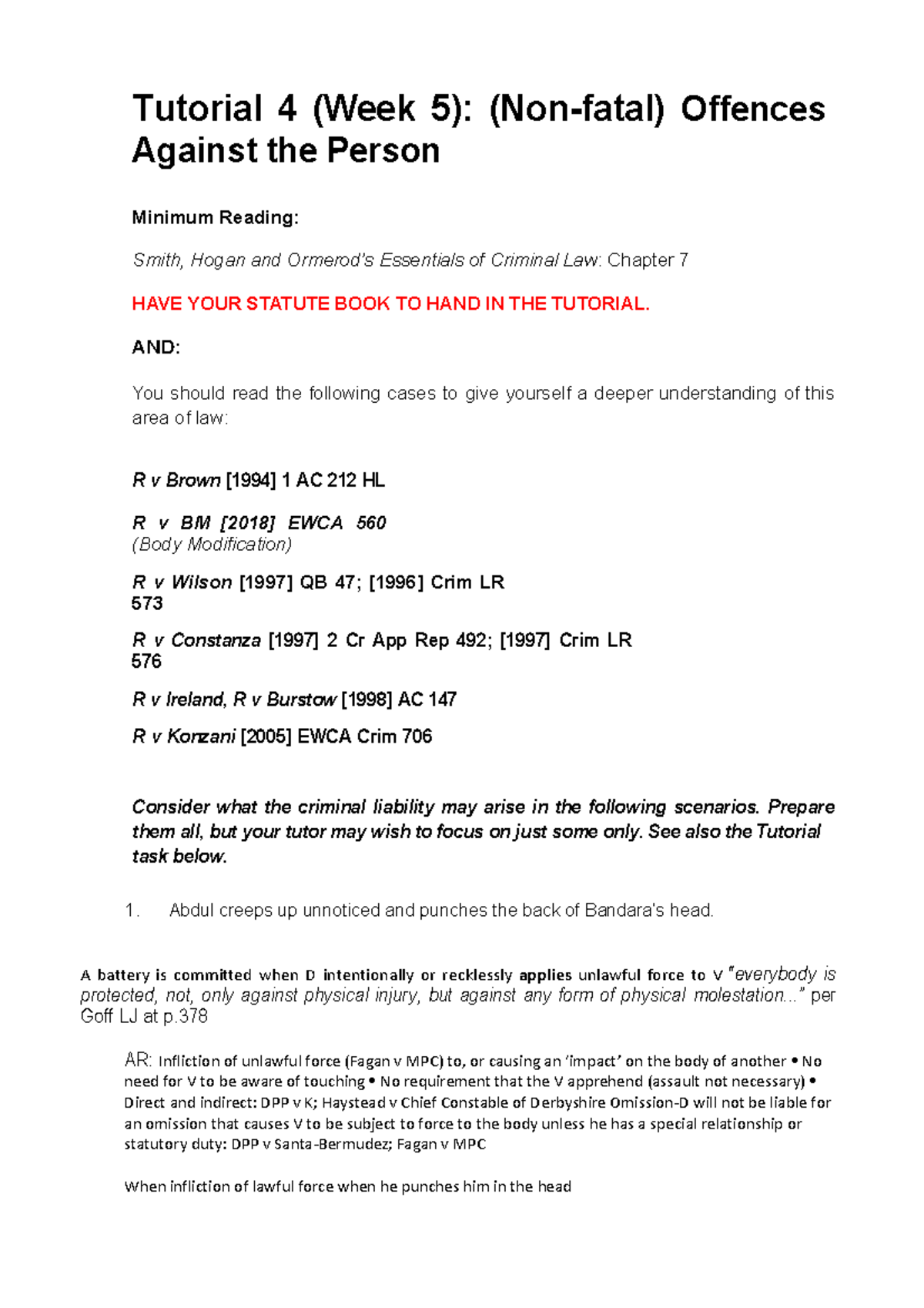 Criminal tutorial 4 - OAPA - Tutorial 4 (Week 5): (Non-fatal) Offences ...