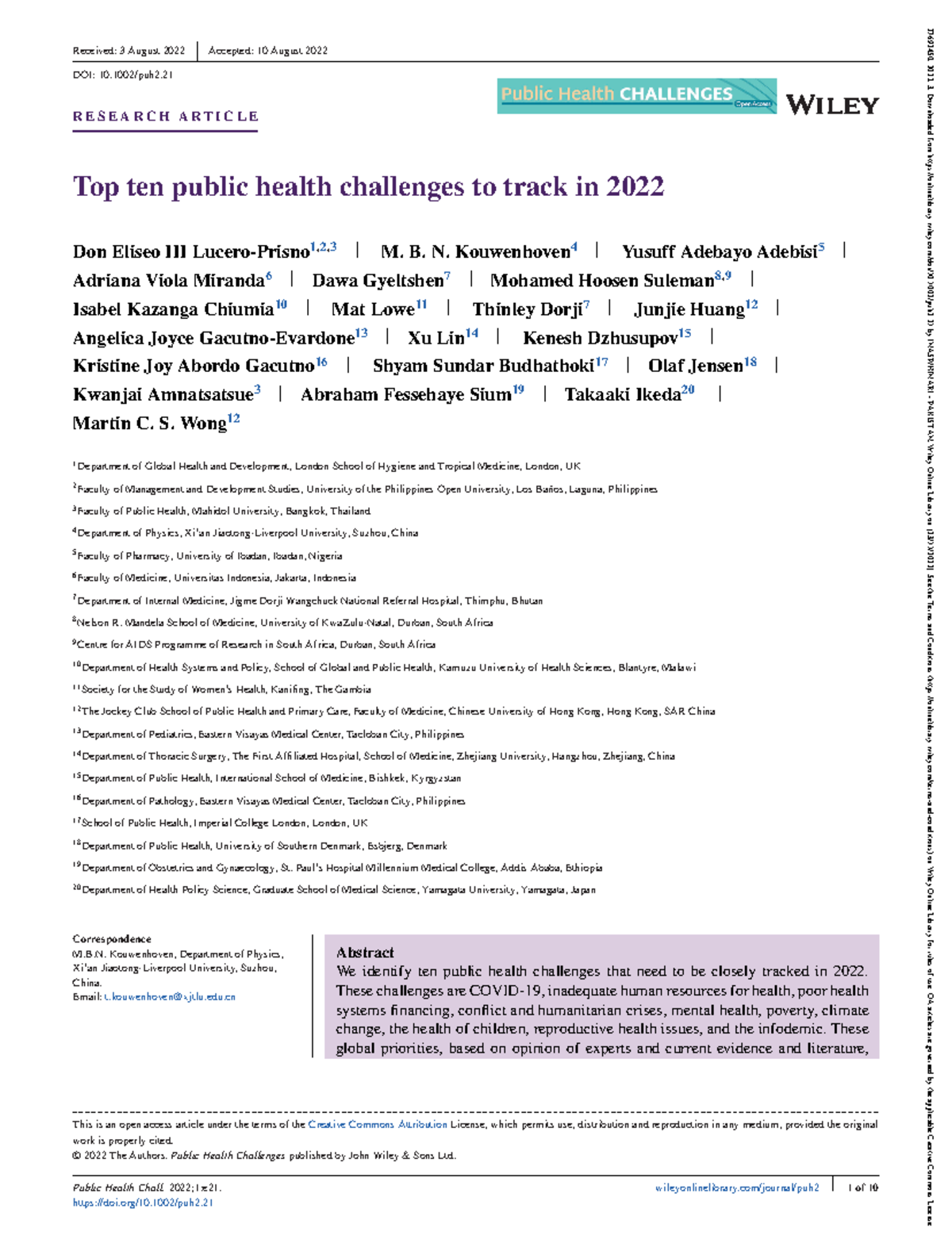 1 Public Health Challenges 2022 - Received: 3 August 2022 Accepted: 10 ...