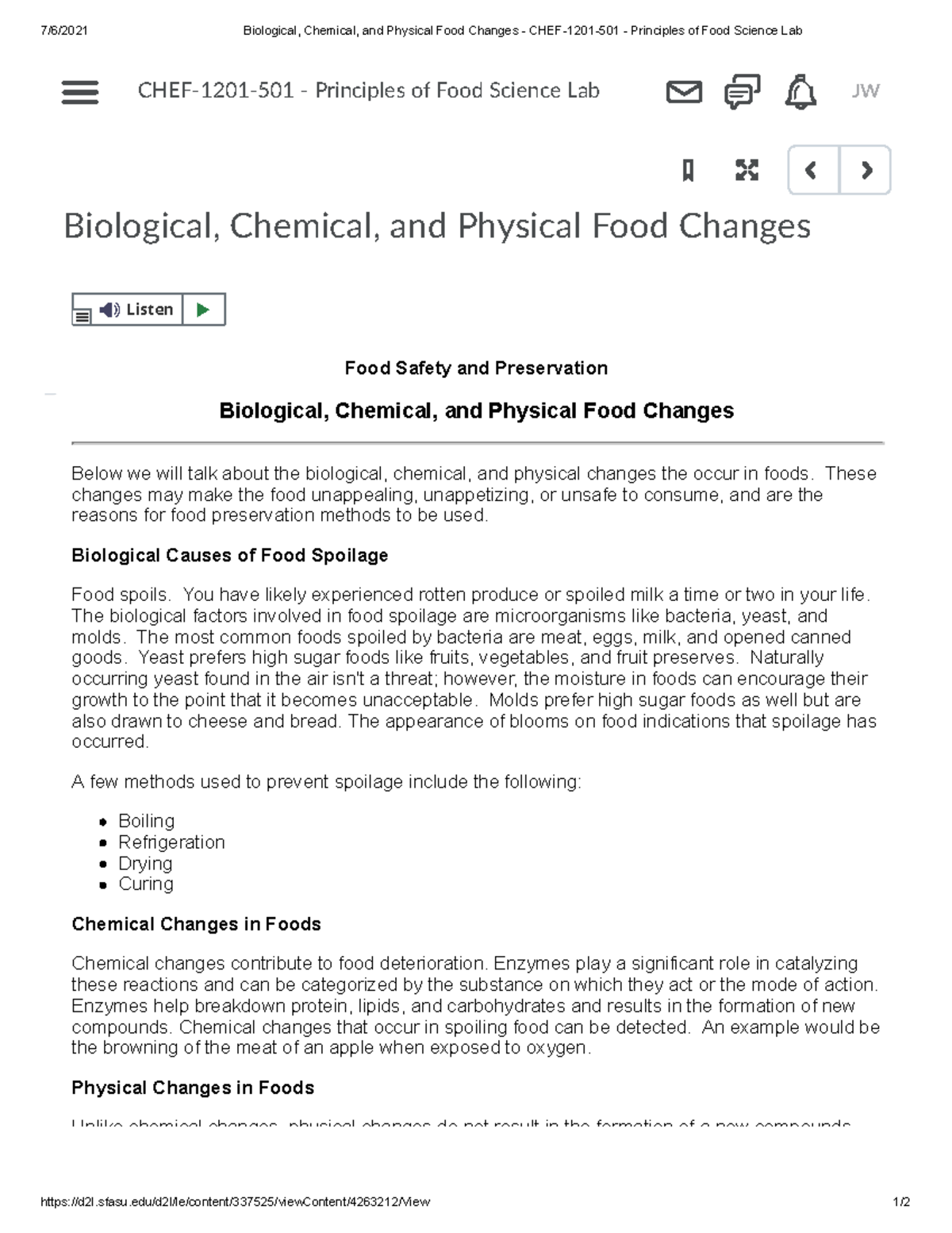 Biological, Chemical, and Physical Food Changes - CHEF-1201-501 ...