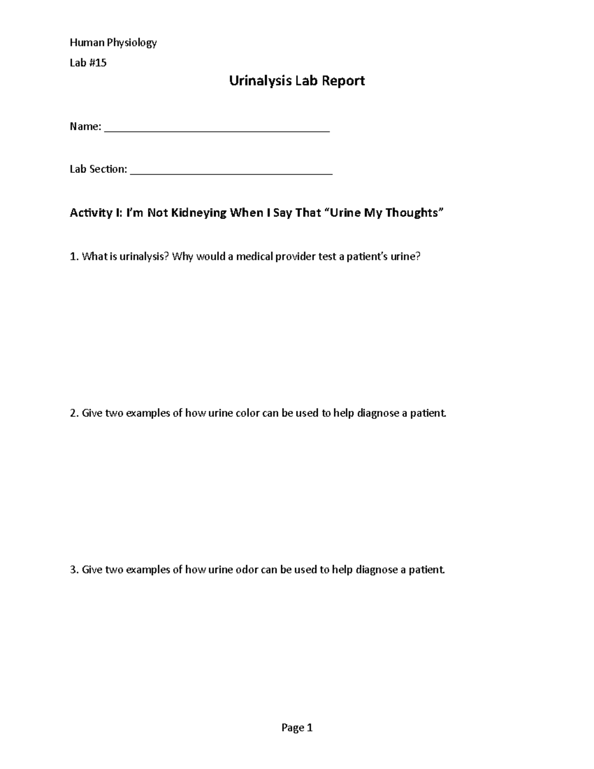 Lab 15 Report Form - Lab worksheet. - Lab # Urinalysis Lab Report Name ...