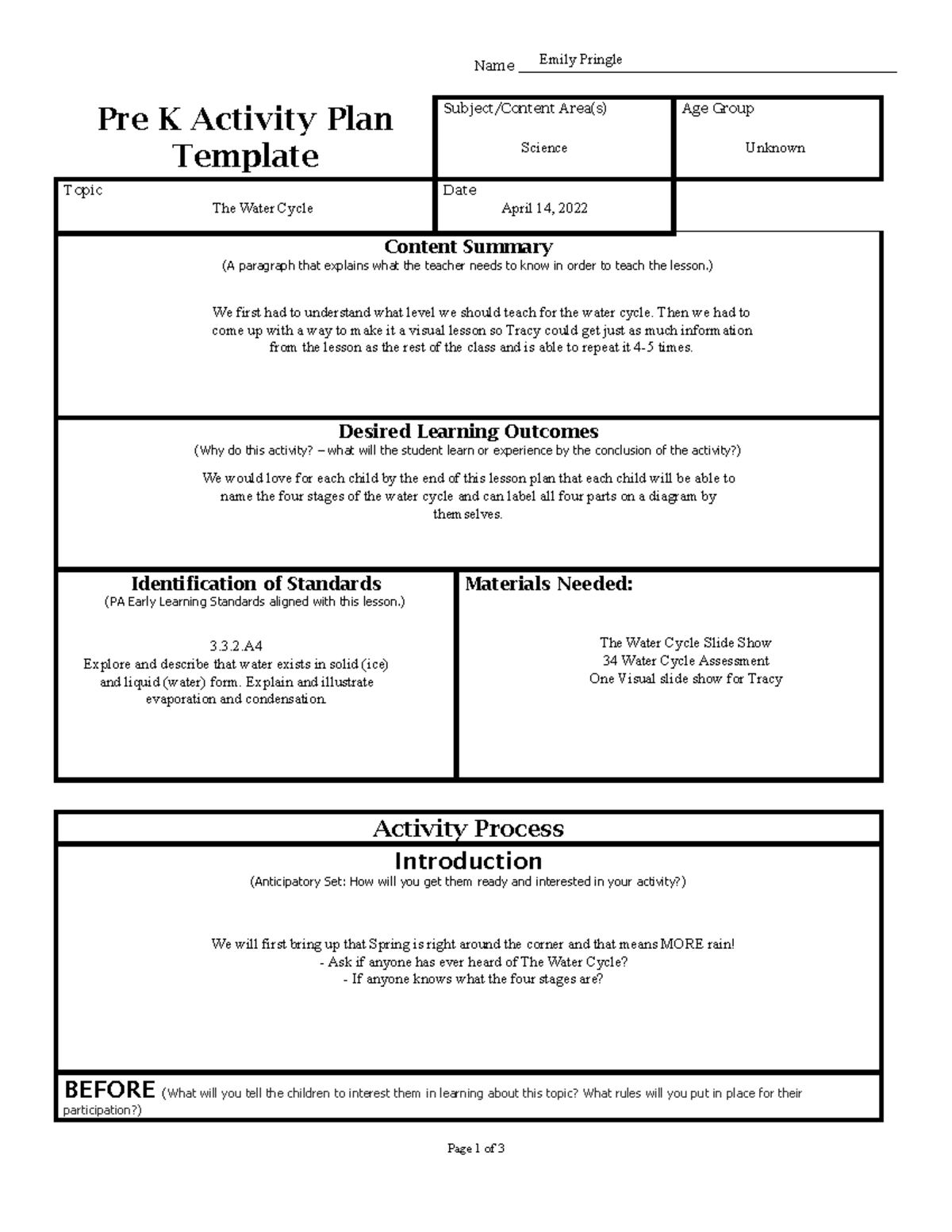 Lesson-PLAN-PREK- Activity-PLAN- Template-SP22 copy - Page 1 of 3 Name ...