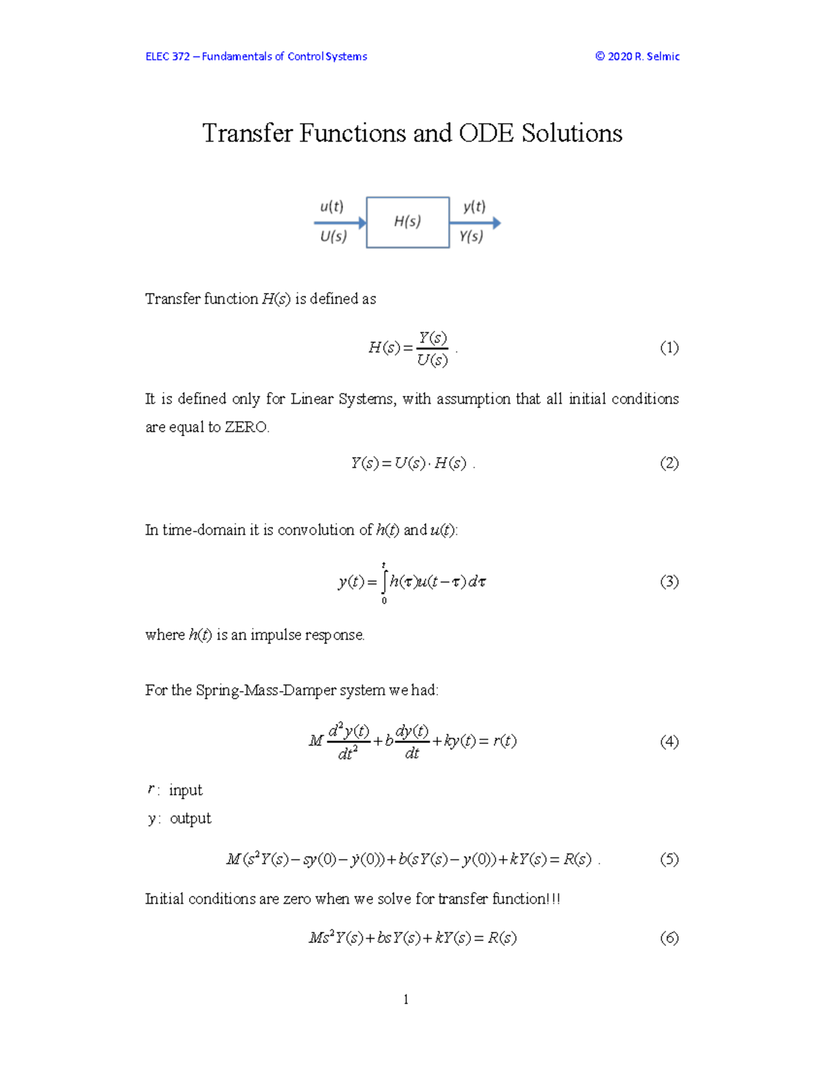 Transf Funct ODEs (Lecture 3) - Transfer Functions and ODE Solutions ...