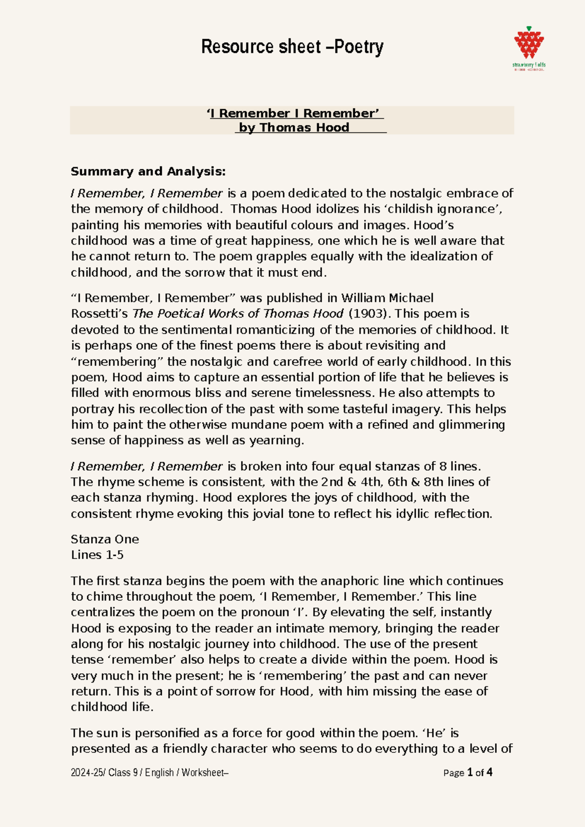 Poem- I Remember I Remember by Thomas Hood - Resource sheet –Poetry ‘I ...