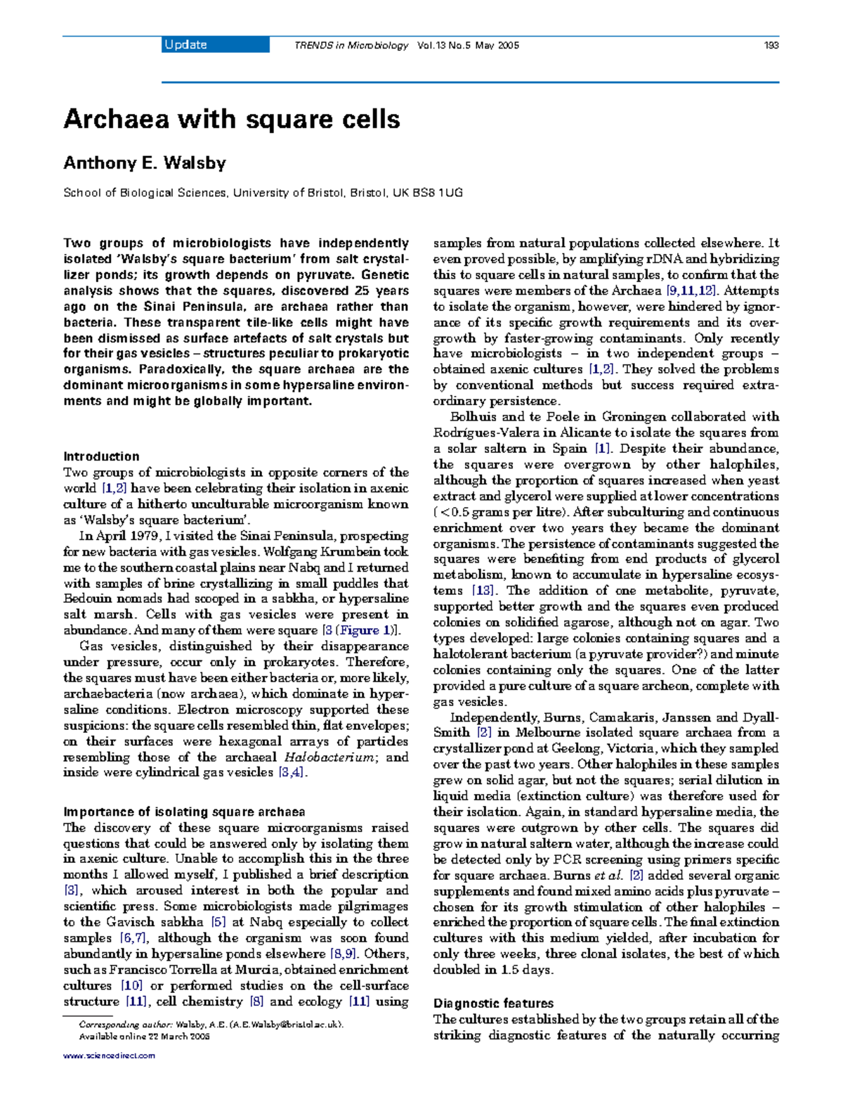 Article for Assignment - Archaea with square cells Anthony E. Walsby ...