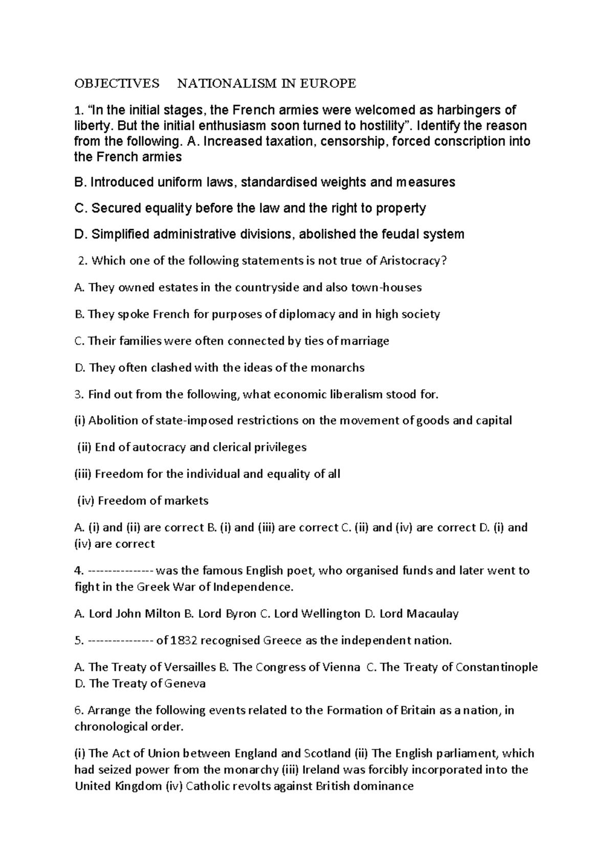 MCQS History - notes - OBJECTIVES NATIONALISM IN EUROPE 1.