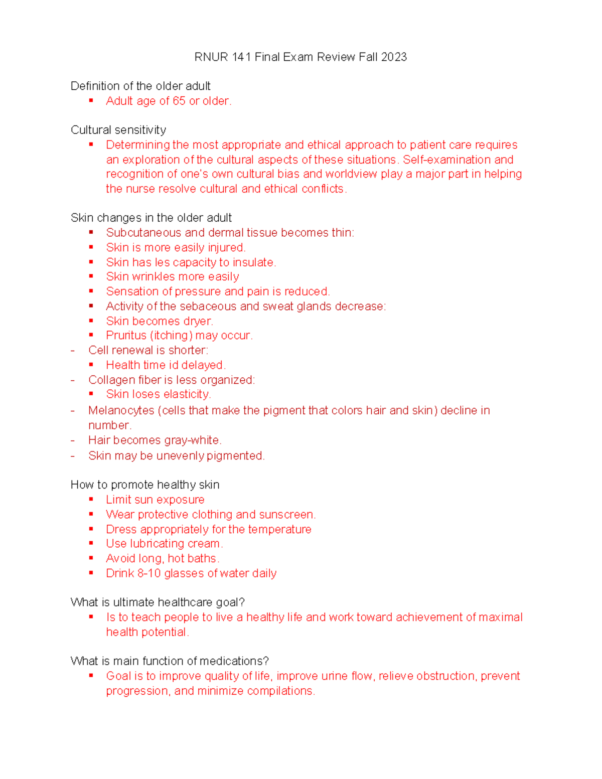 Final Exam Review Adult 1 - RNUR 141 Final Exam Review Fall 2023 ...