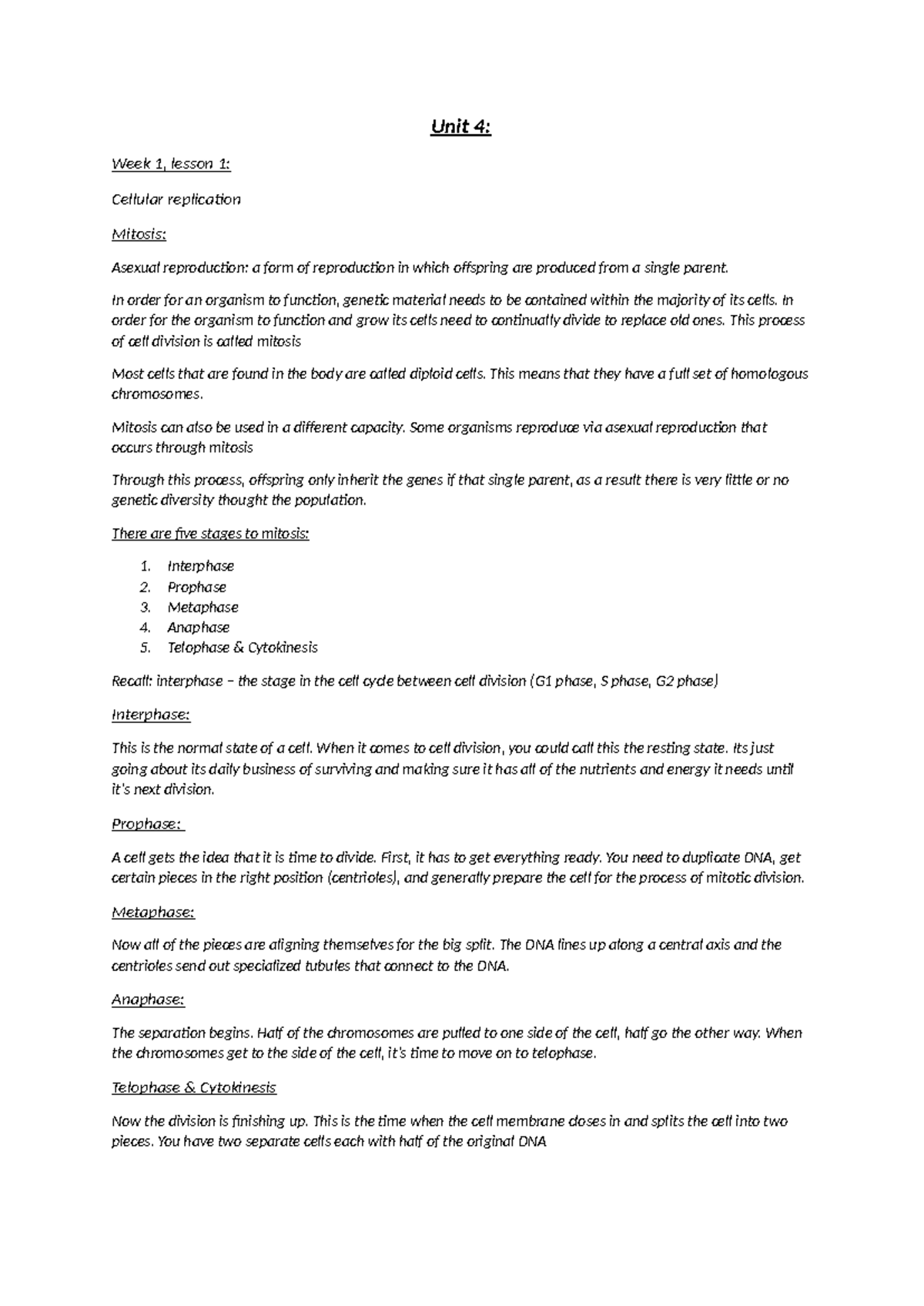 Unit 4 - notes from unit 4 - Unit 4: Week 1, lesson 1: Cellular ...