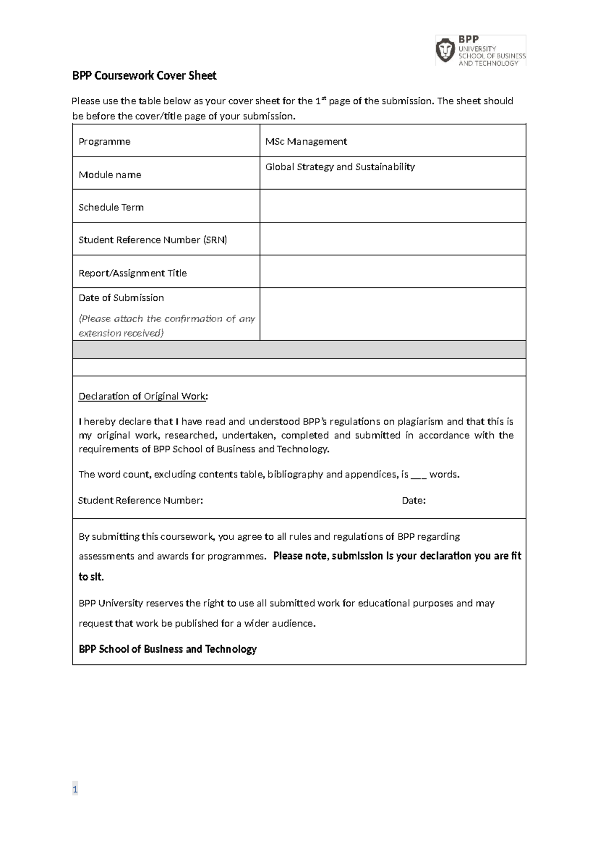 Summative Global Strategy - BPP Coursework Cover Sheet Please use the table below as your cover ...