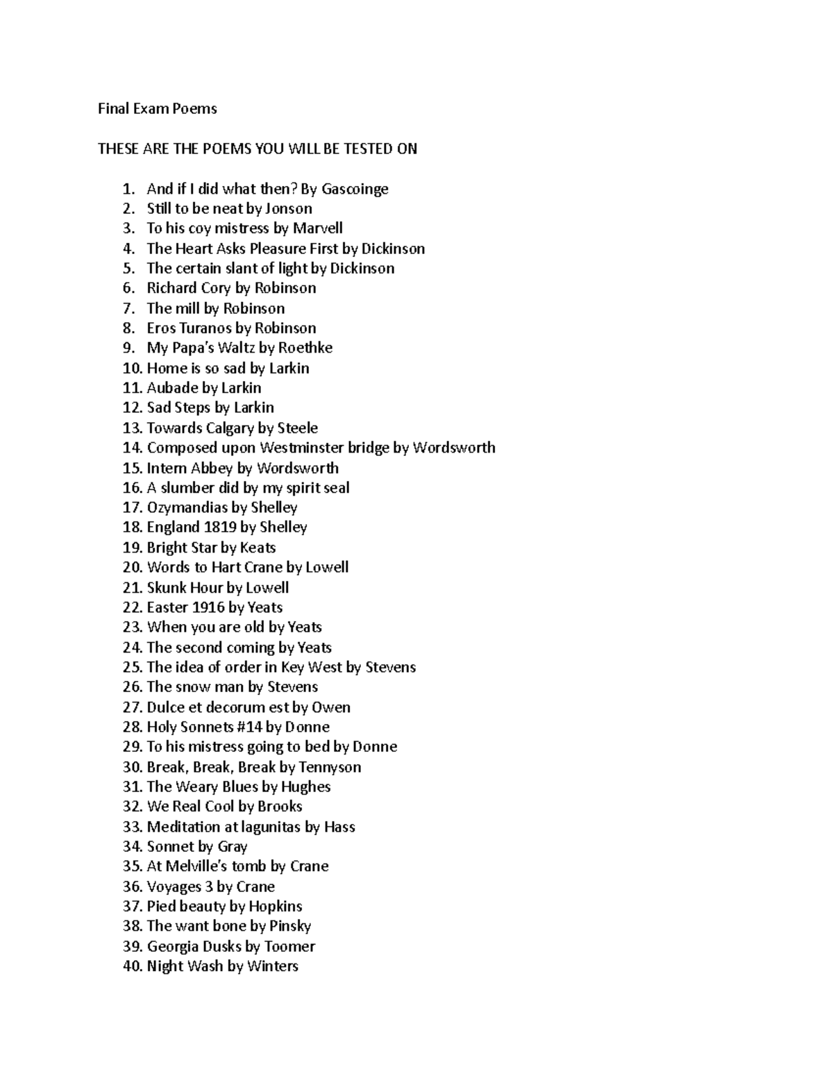 Final EXAM Poems - Final Exam Poems THESE ARE THE POEMS YOU WILL BE ...