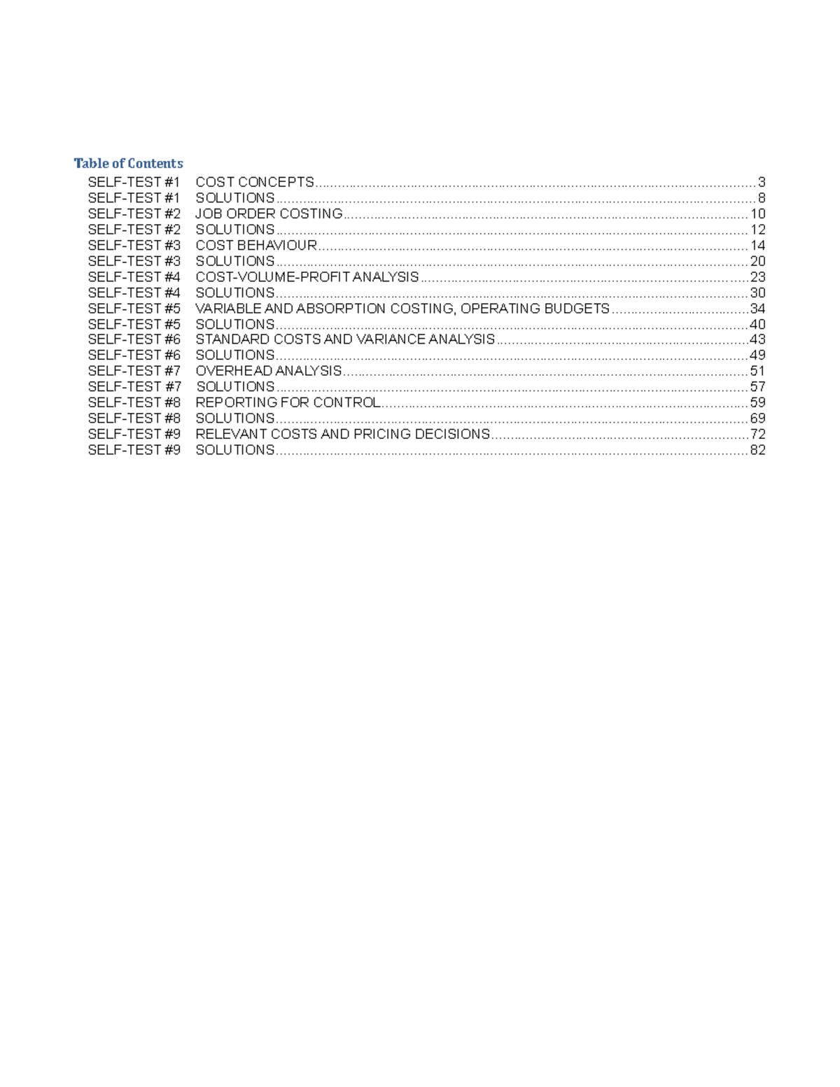 Self Tests 2018-2019 Master File - Table of Contents SELF-TEST #1 COST ...