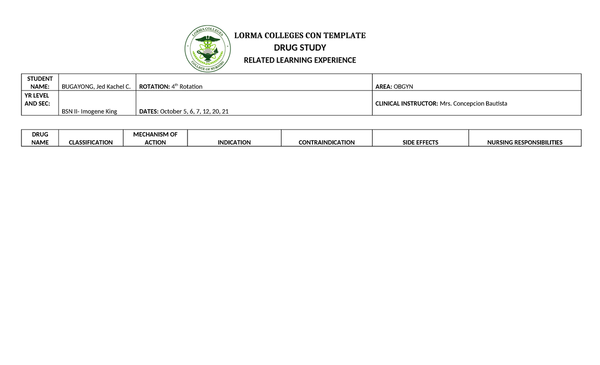 4. LP2 DRUG- Study- Forms - LORMA COLLEGES CON TEMPLATE DRUG STUDY ...