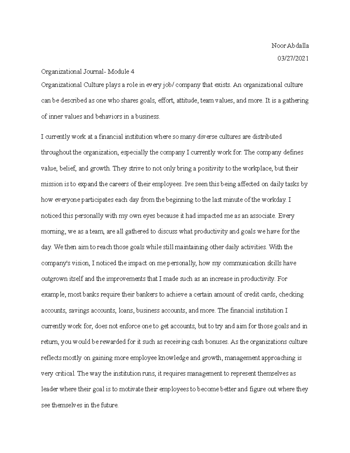 Organizational Journal Module 4 assignment snhu - Noor Abdalla 03/27 ...