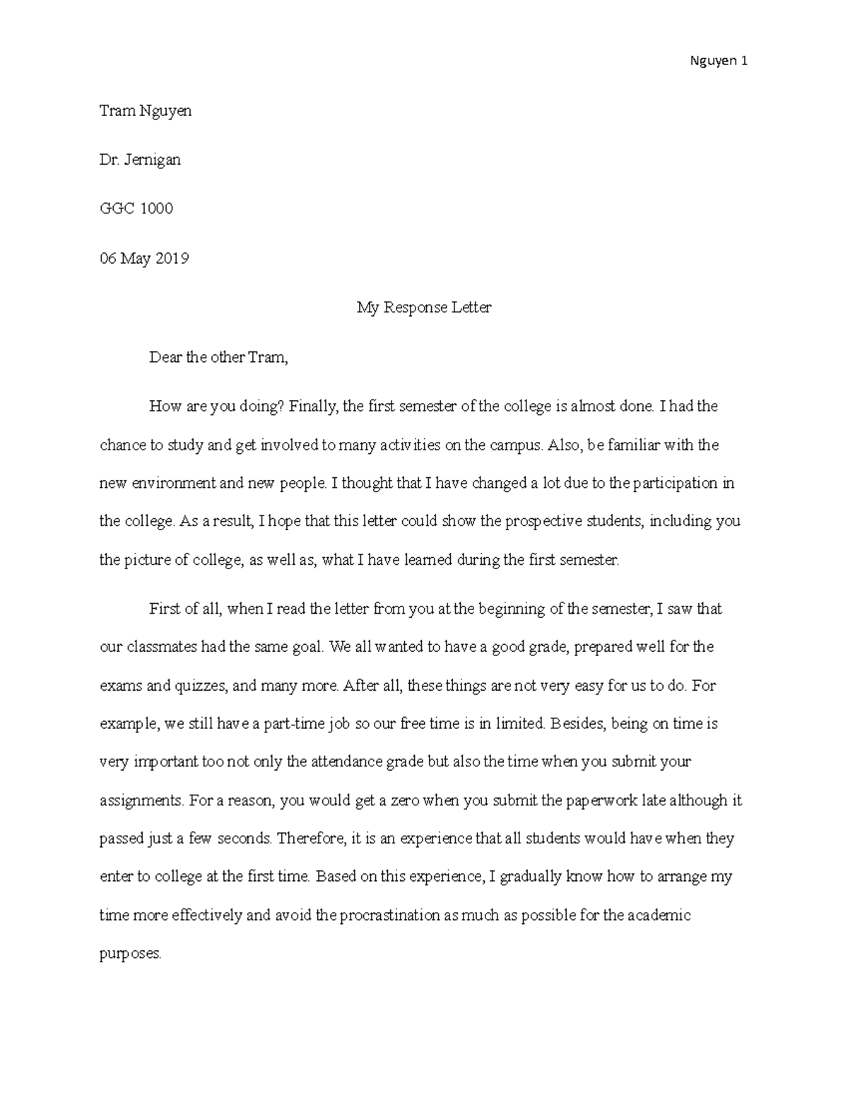 My Response Letter Tram Nguyen - Nguyen 1 Tram Nguyen Dr. Jernigan GGC ...