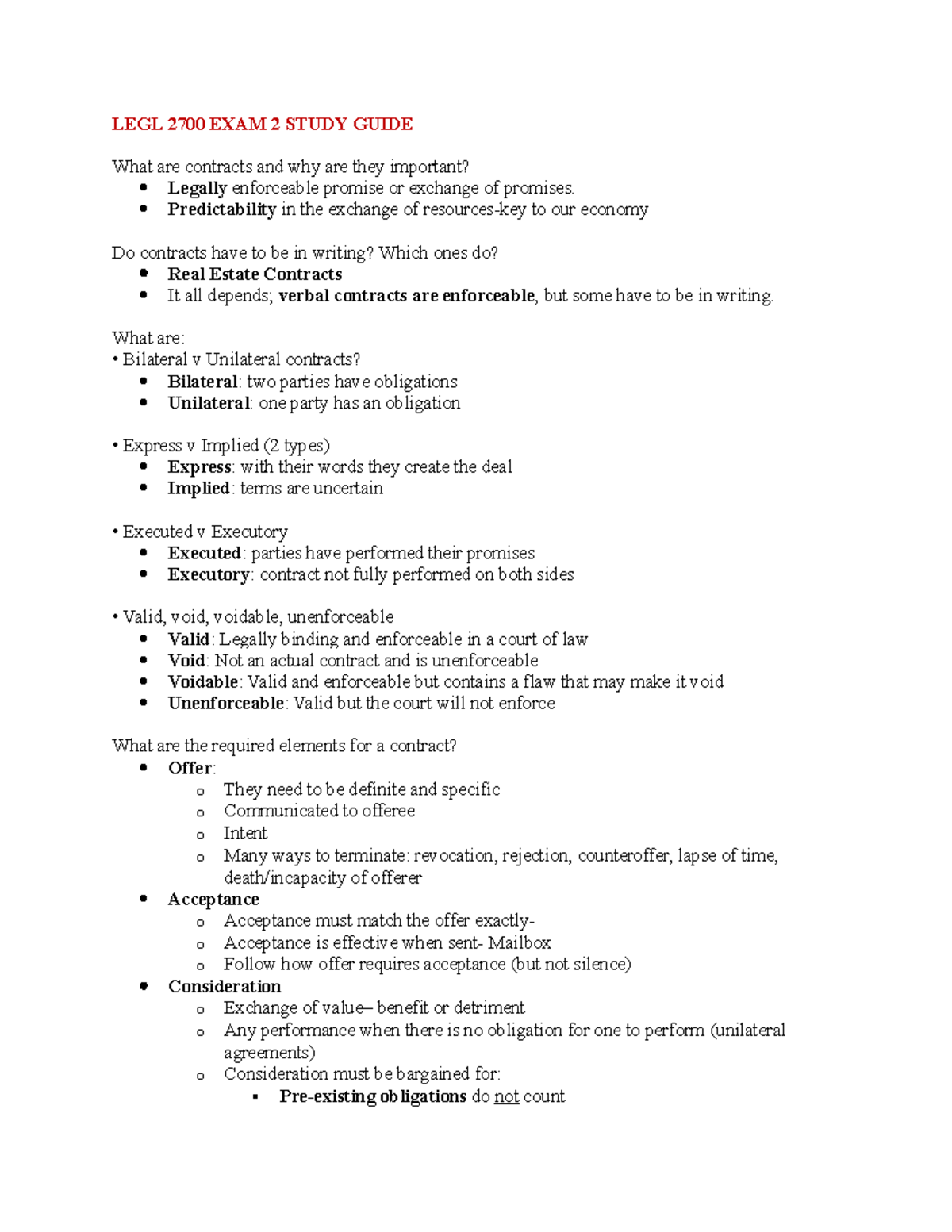 LEGL 2700 EXAM 2 Study Guide - LEGL 2700 EXAM 2 STUDY GUIDE What are contracts and why are they ...
