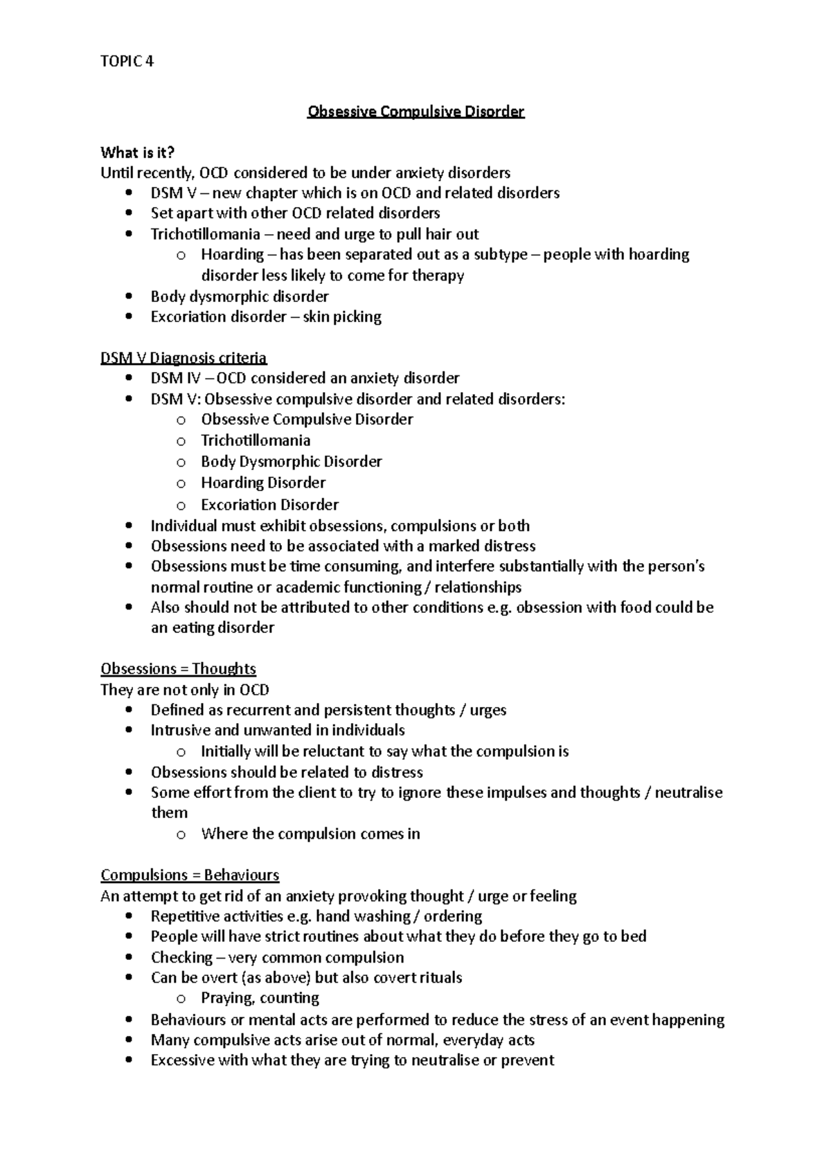 Obsessive Compulsive Disorder notes - Obsessive Compulsive Disorder ...