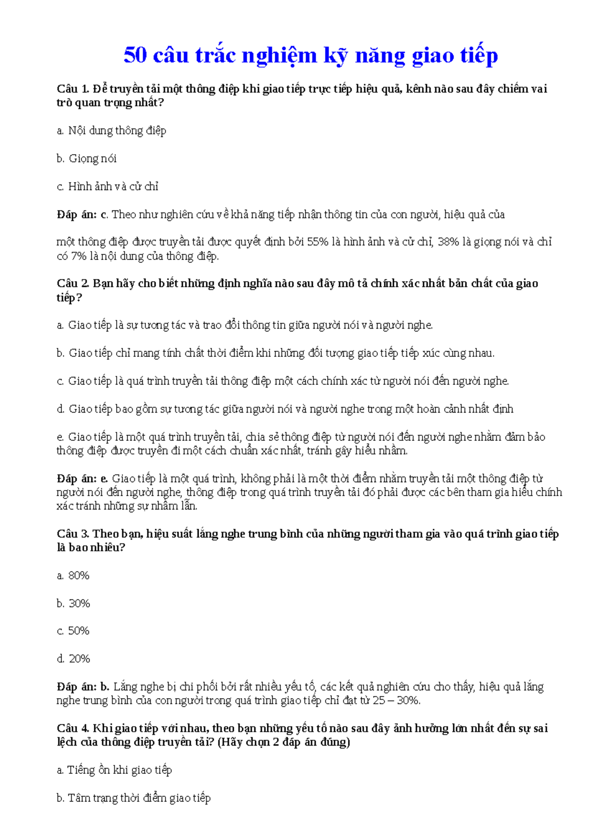 50 câu trắc nghiệm kỹ năng giao tiếp - Đ ể truy n t i m t thông đi p khi giao ti p tr c ti p hi ...