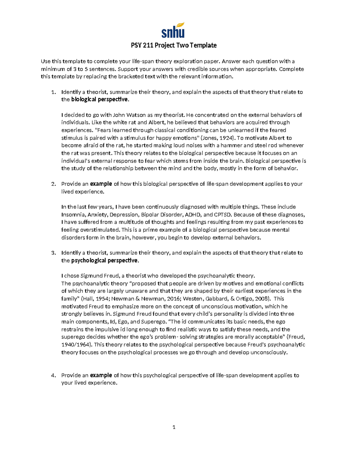 PSY 211 Project 2 - PSY 211 Project Two Template Use this template to complete your life-span ...