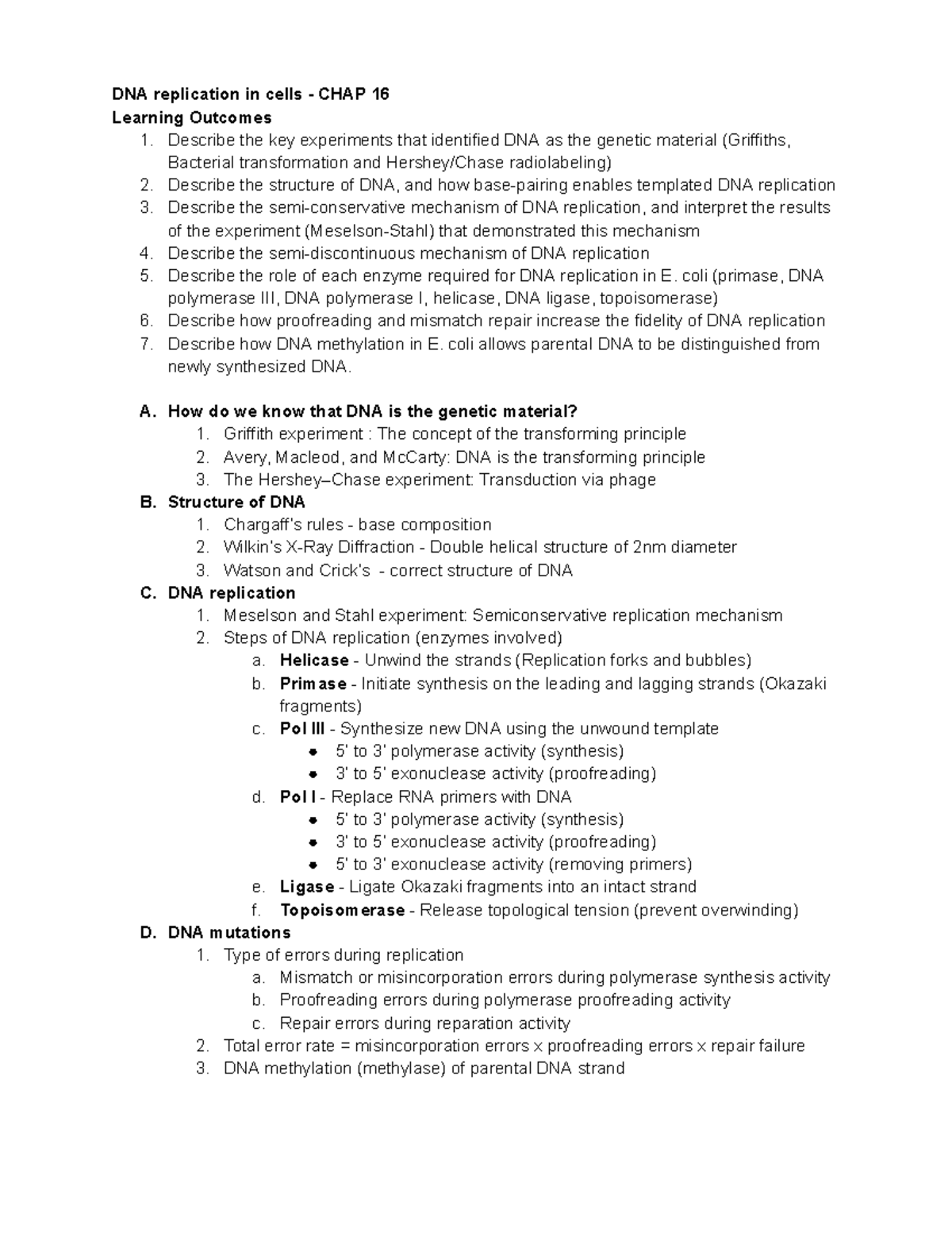 Review - DNA Replication - DNA replication in cells - CHAP 16 Learning ...