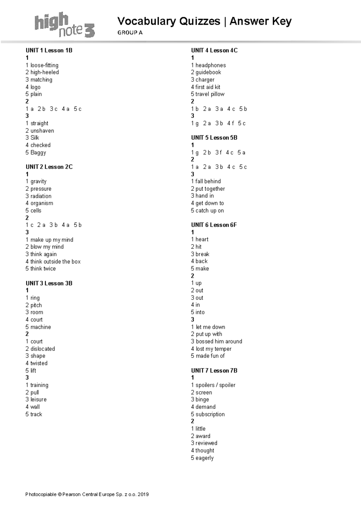 High Note 3 AK Vocabulary Quiz A - Vocabulary Quizzes | Answer Key ...