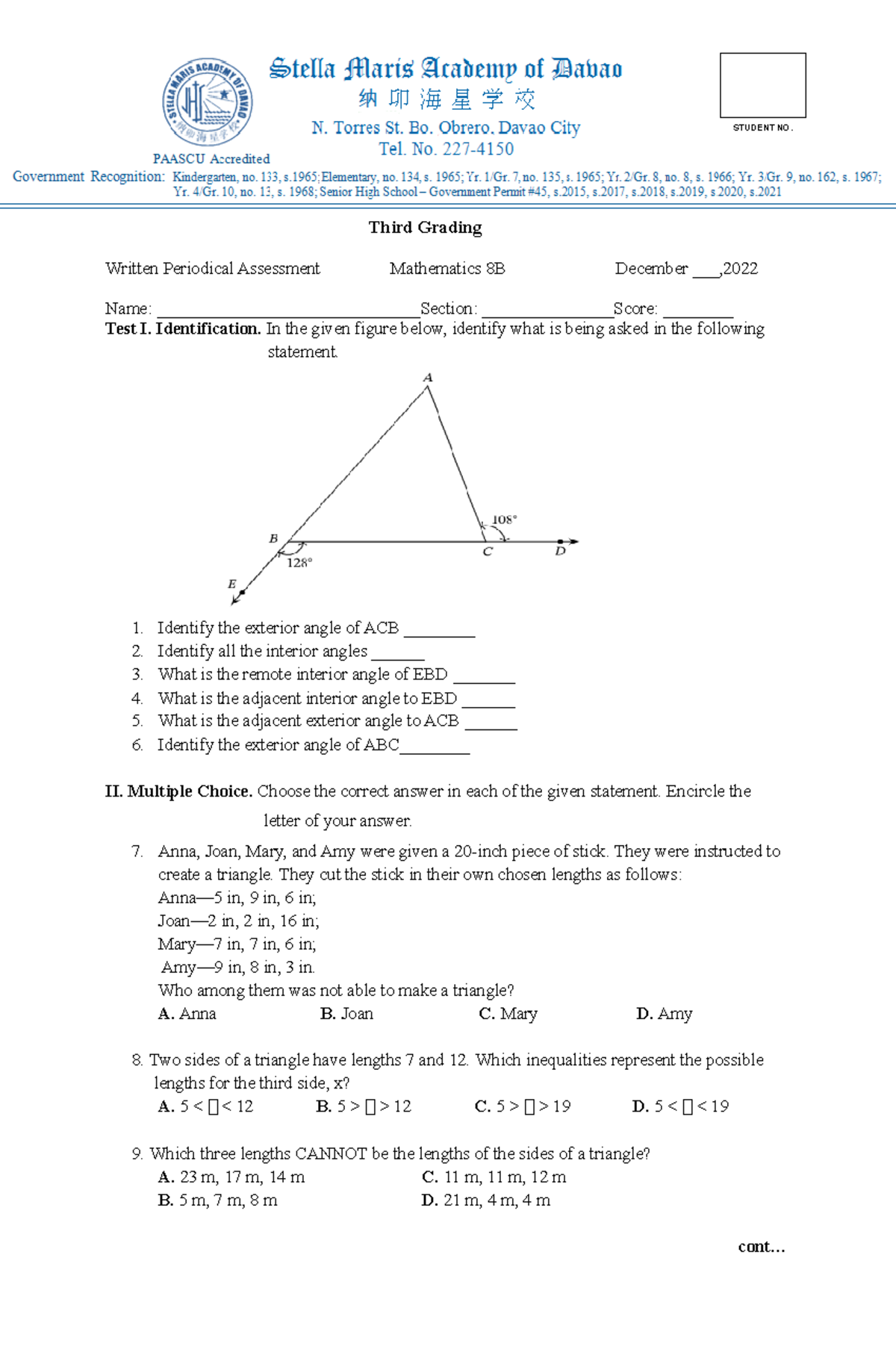 Grade 8B 3rd grading periodical exam - Third Grading Written Periodical ...